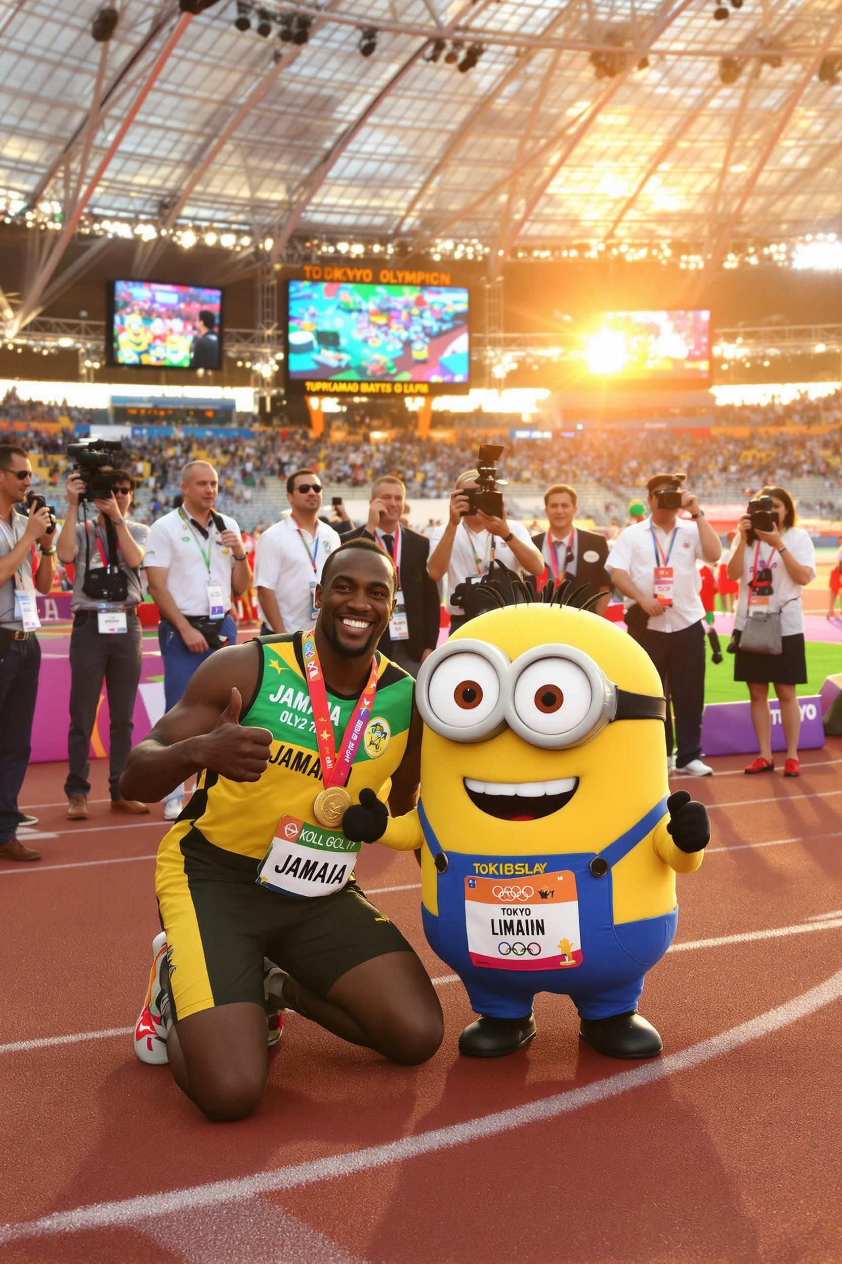Lexica - A sports photograph of a Minion runs against Usain Bolt at the ...