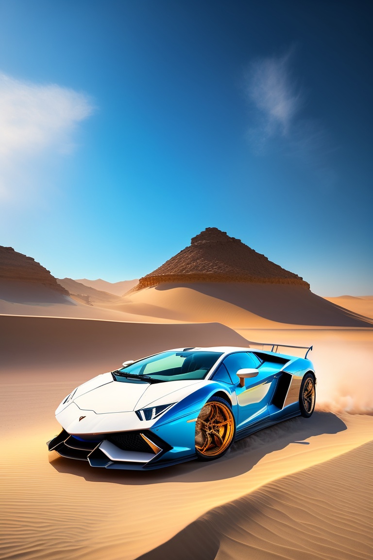 Lexica - Azure blue lamborghini, planet with sand storm