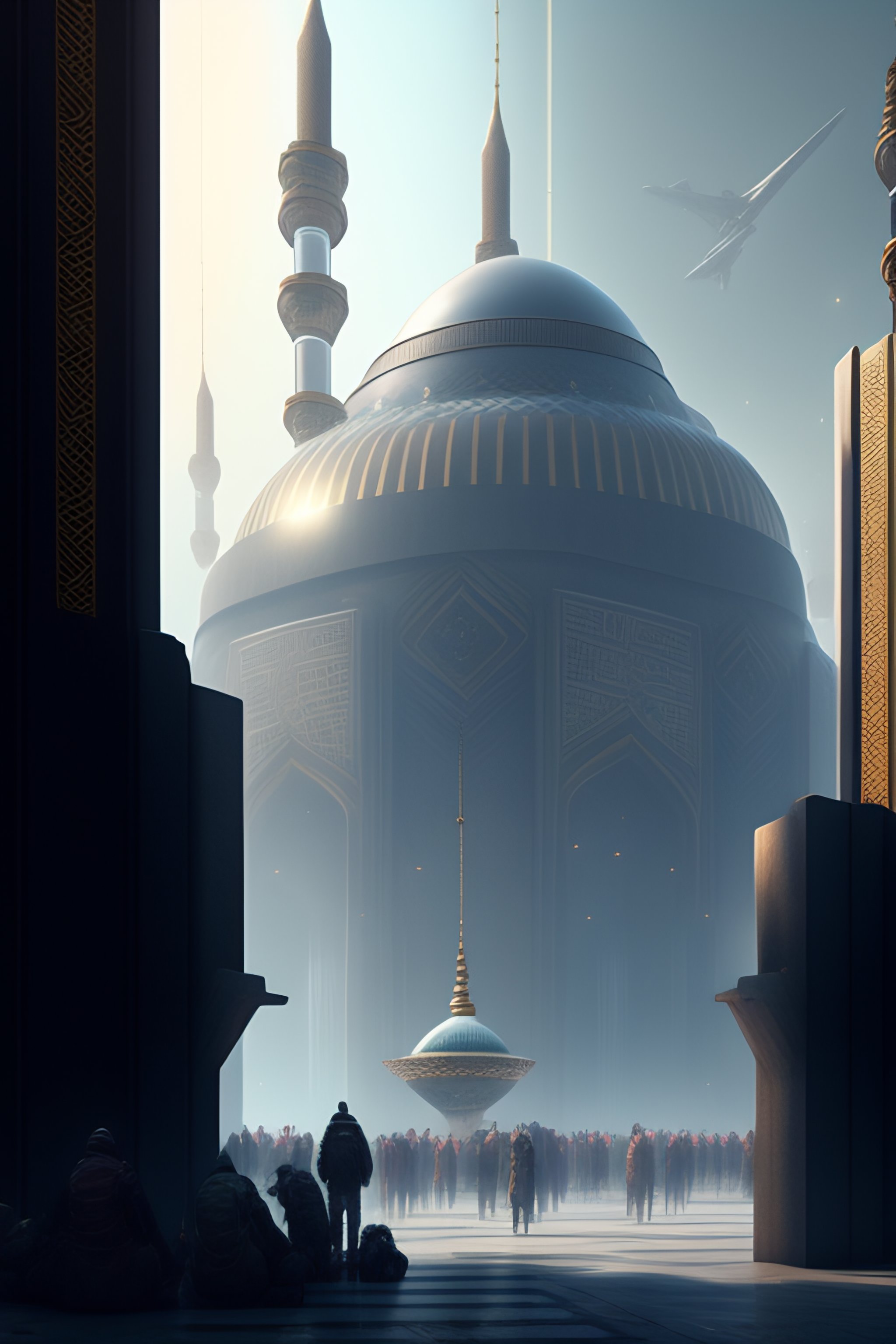 Lexica - Cyberpunk mosque in a dystopian future with crowds of people ...