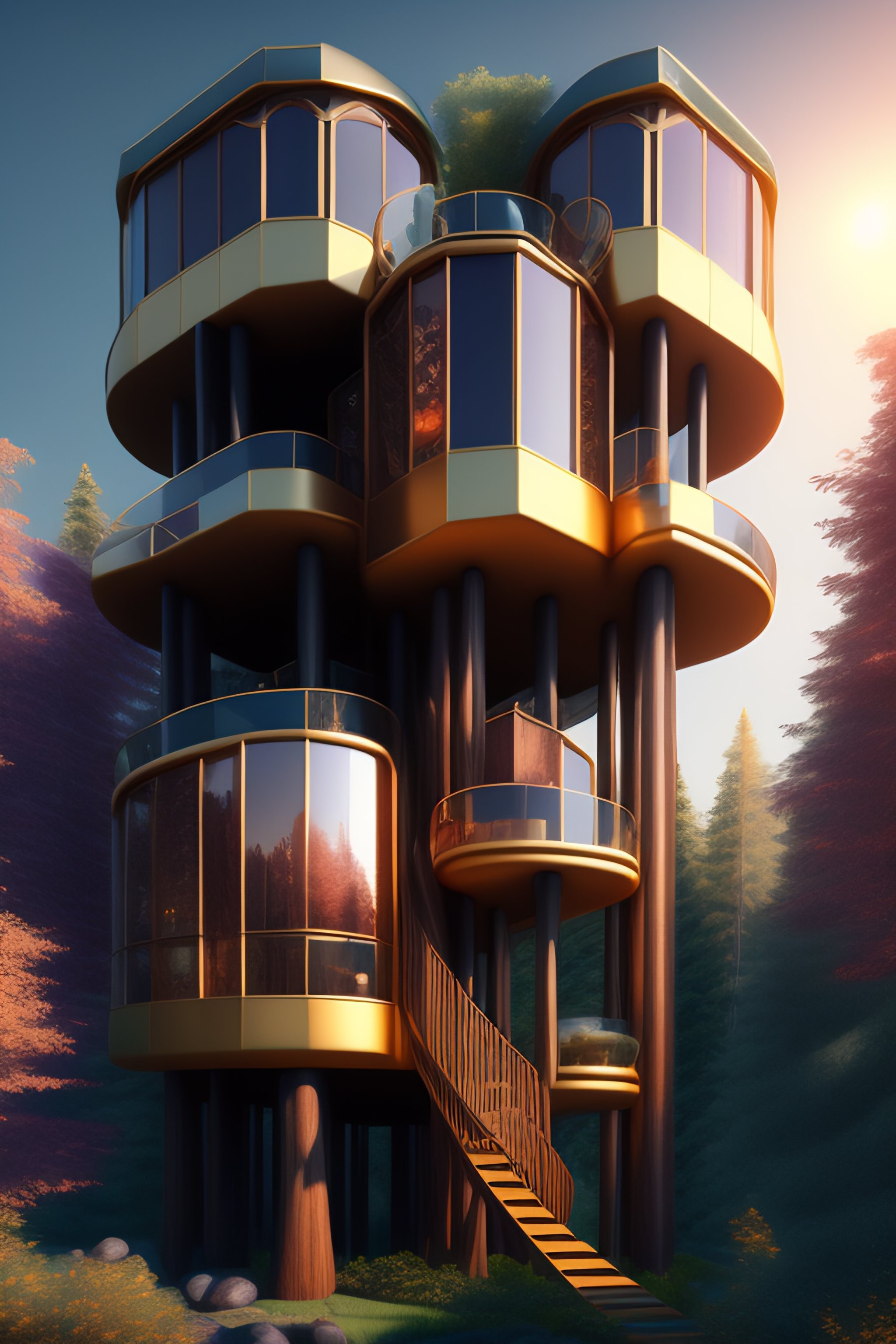 Lexica - An over engineered luxury treehouse, complex architecture, sun ...
