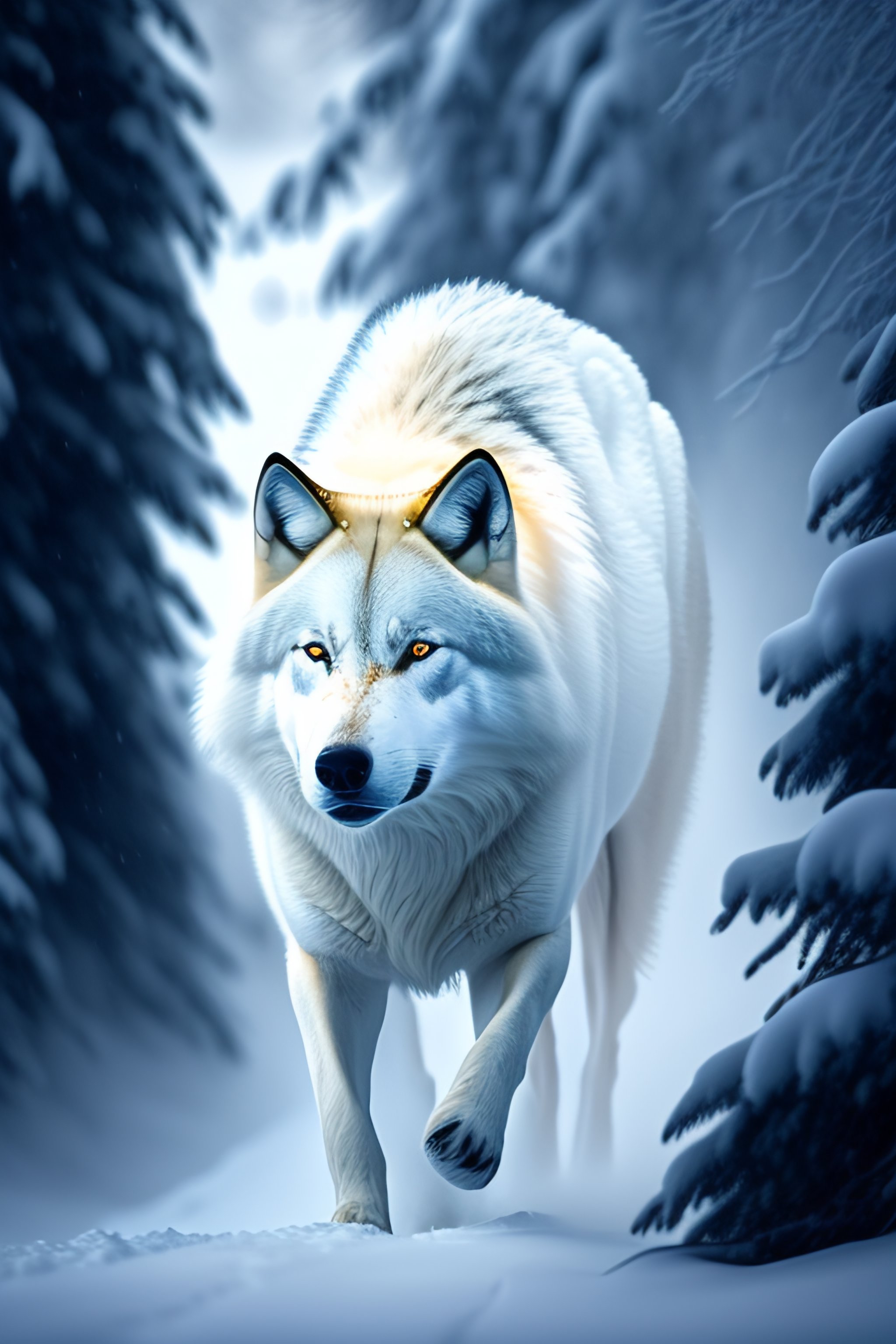 Lexica - White wolf walking slowly through blizzard at night