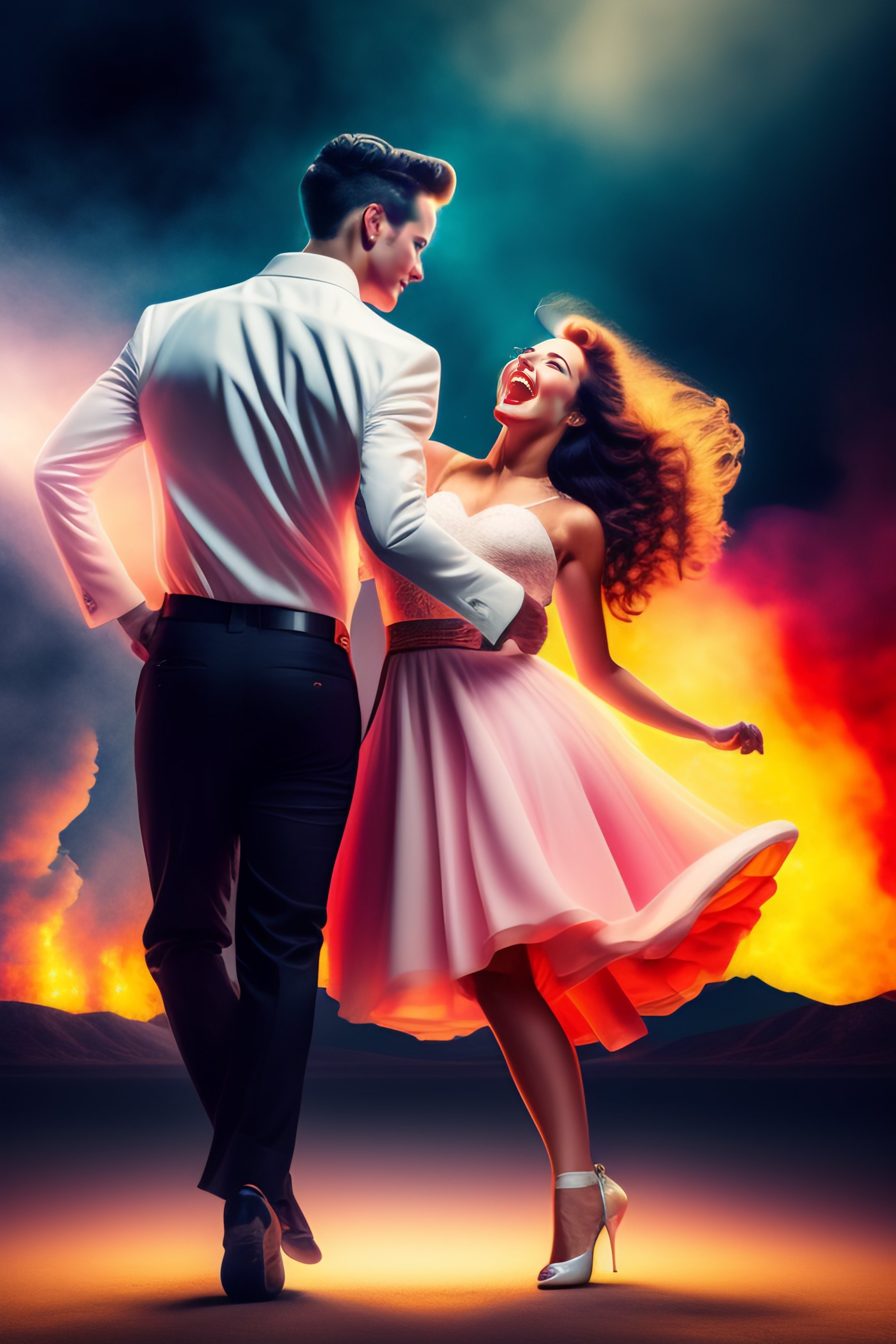 Lexica - Young rocker couple from the 50s dancing rock and roll with nuclear explosion in the ...