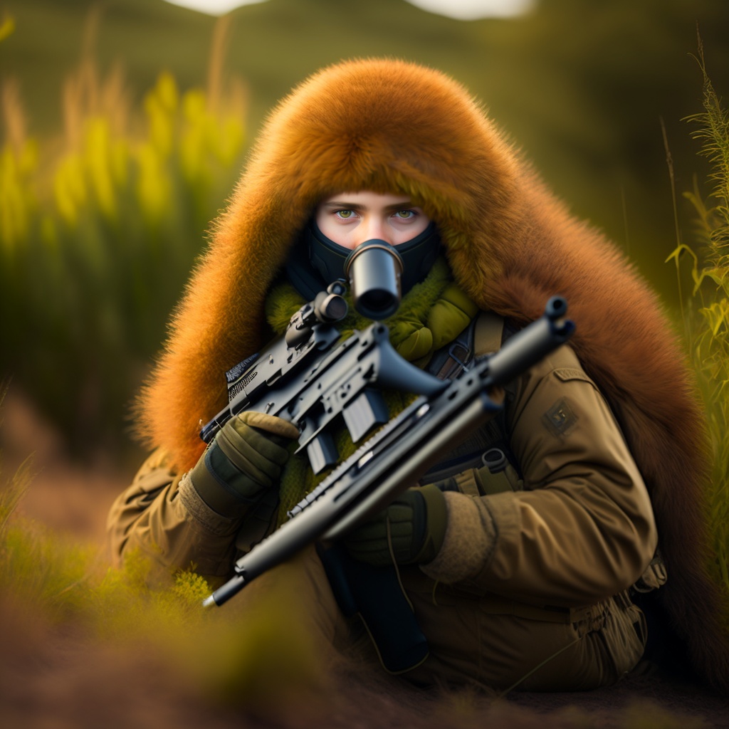Lexica - A sniper hold gun with ghillie suit, a field, crawl