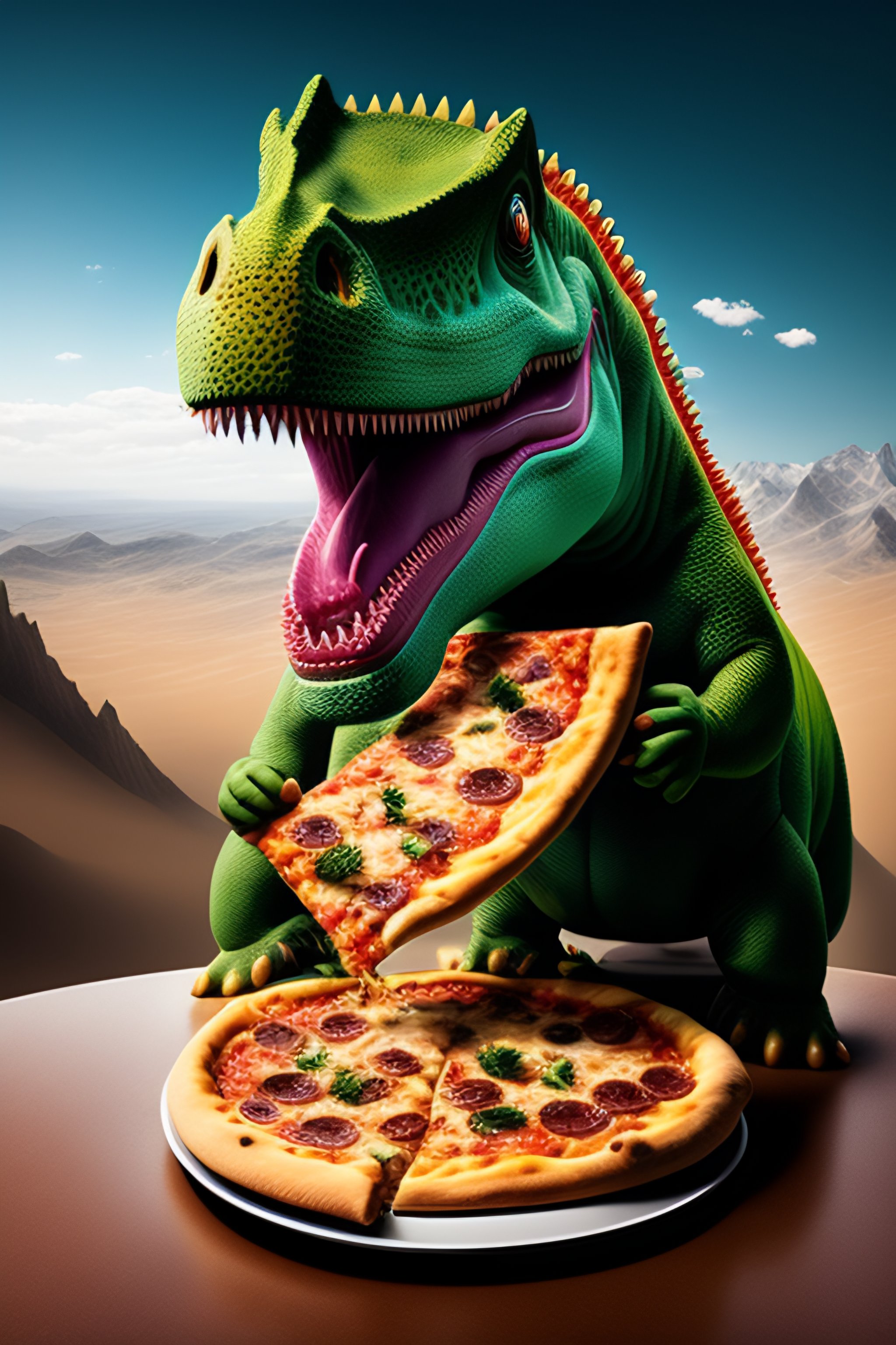 Lexica - Dinosaur eating pizza