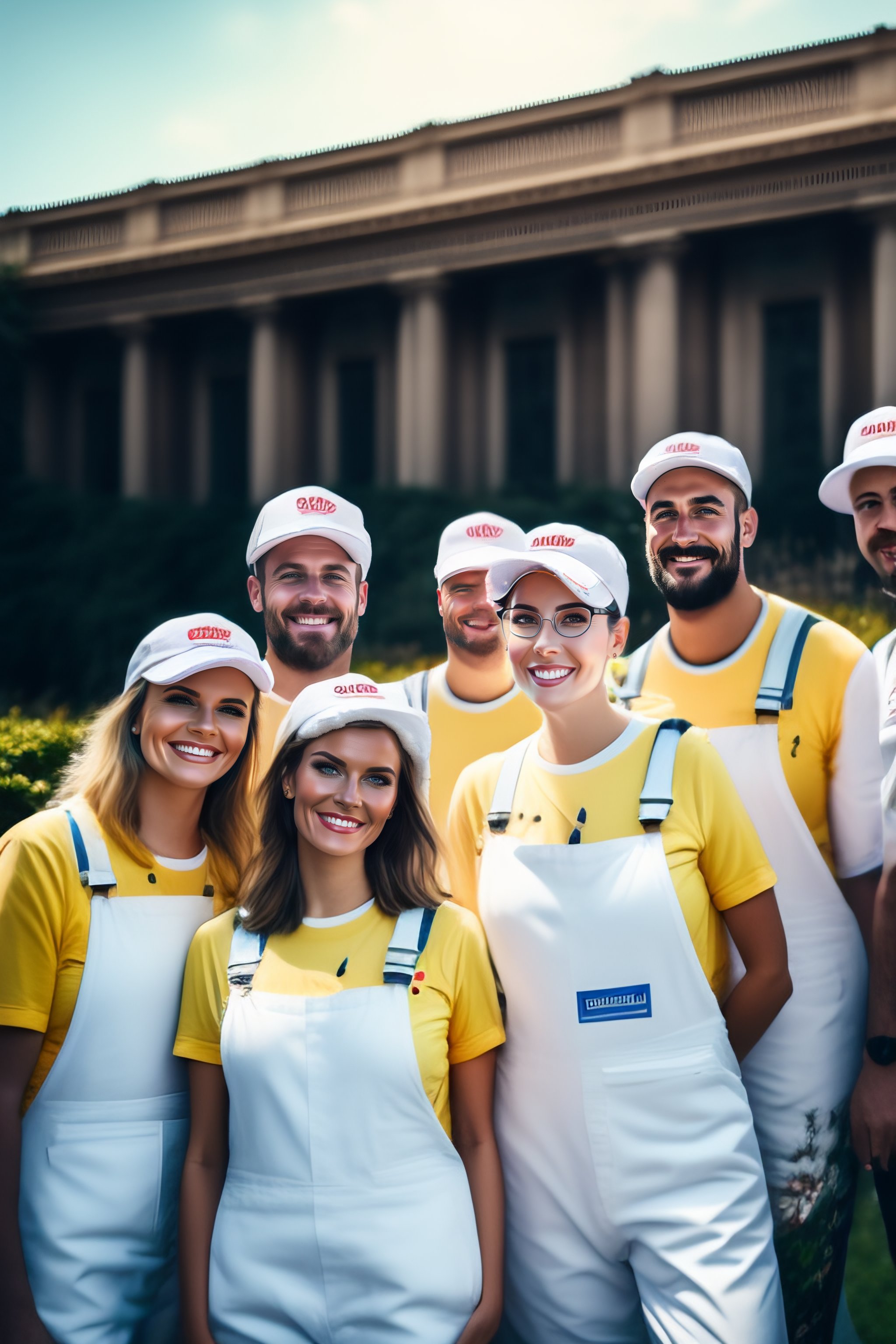 Lexica - An army of smiling painters wearing white dungarees, wide ...