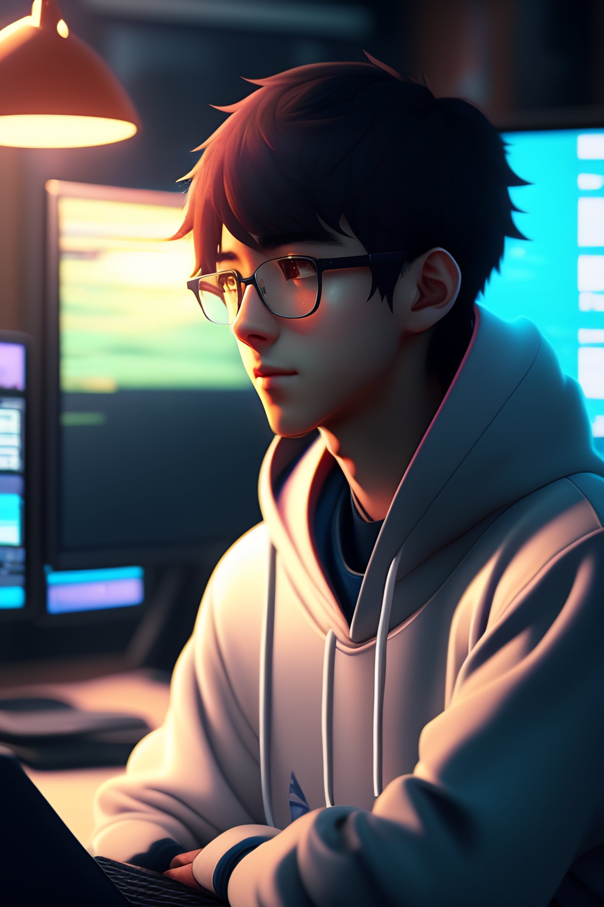 Lexica - A nerdy boy ith 22 years old in a hoodie is programming at a ...