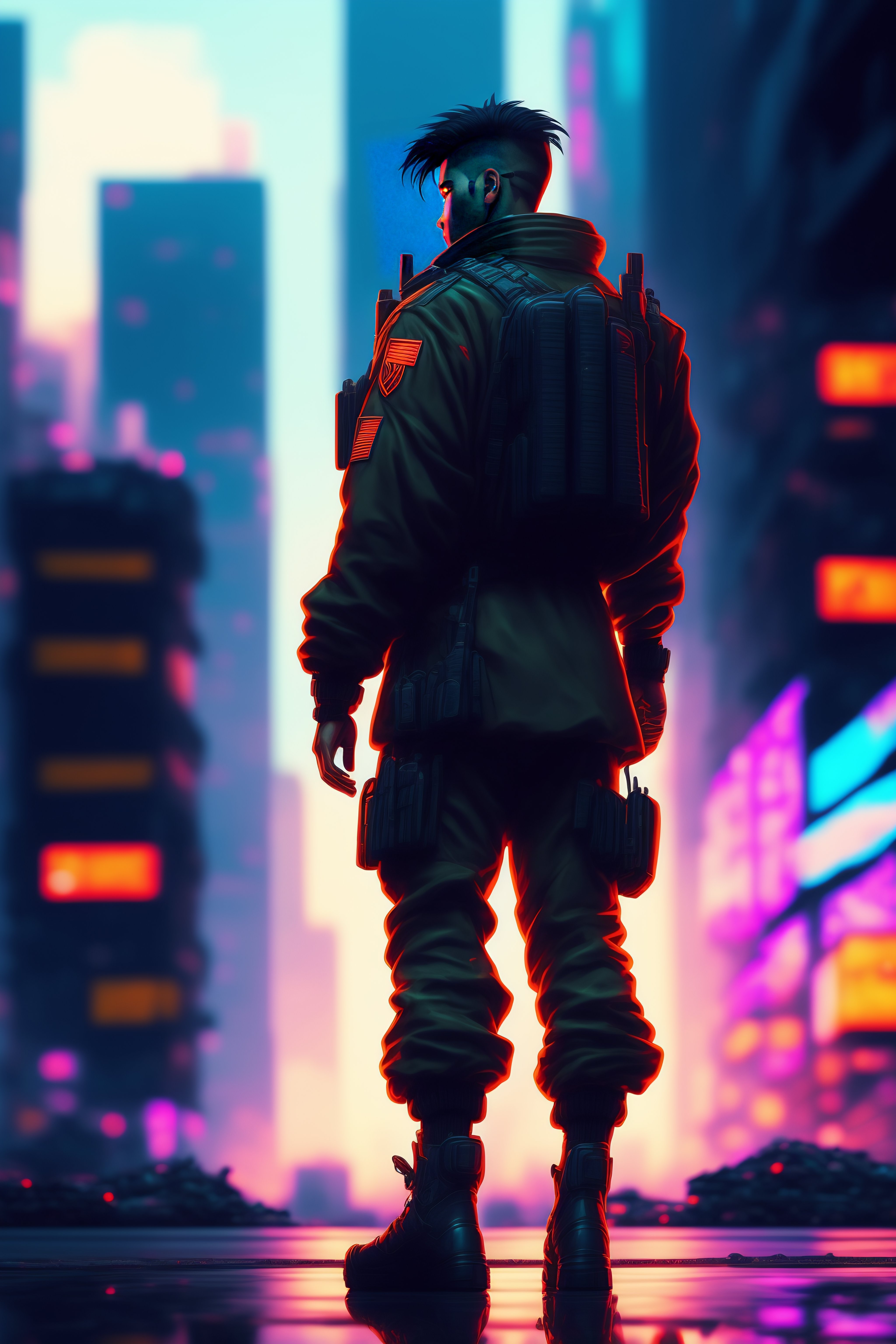 Lexica - Vintage 90's anime style. soldier in front of destroyed city ...