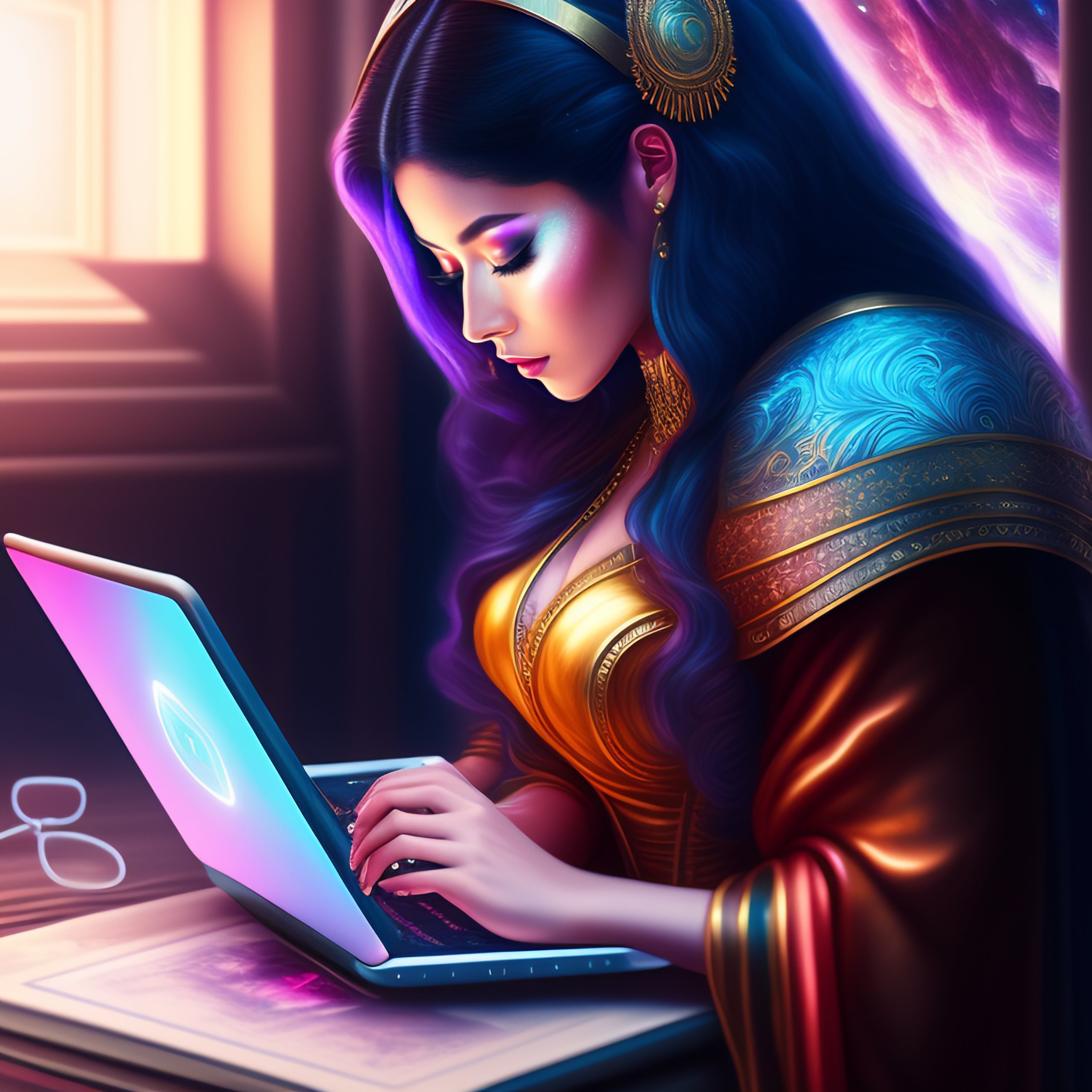 Lexica - Woman programming on her laptop, fantasy, future, renaissance ...