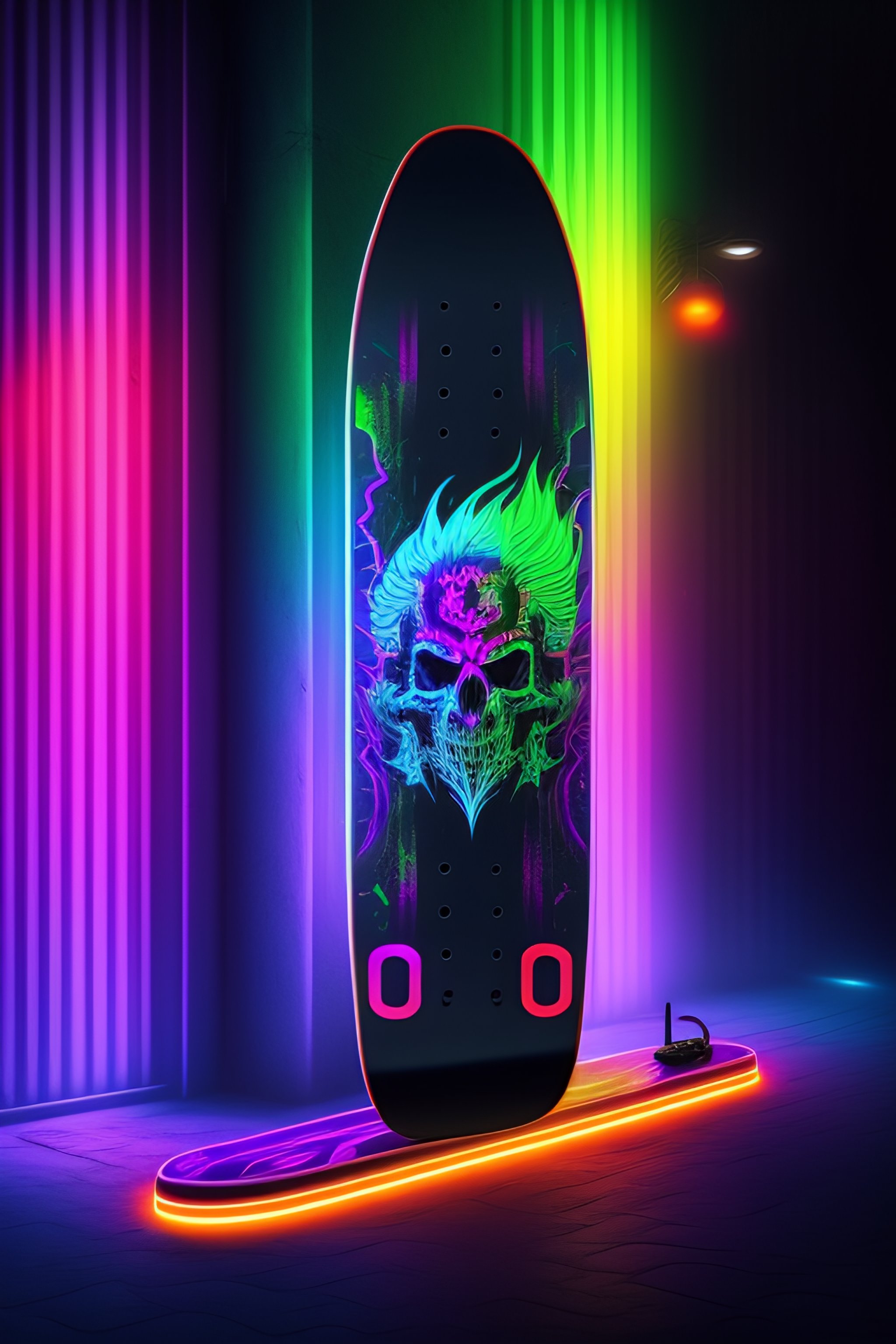 Lexica - A skateboard design with a graffiti of a demon, neon colors ...