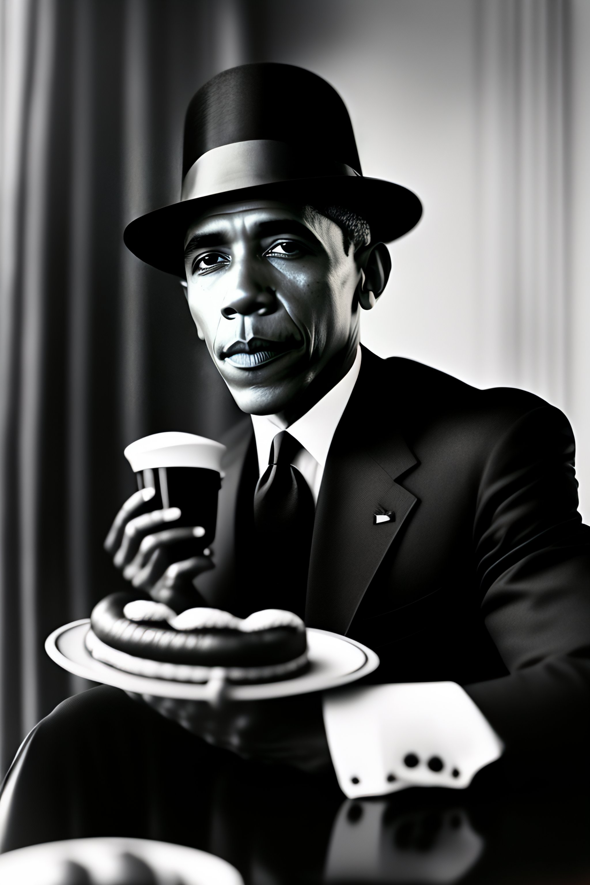 Lexica - Barack obama, 1920s, wearing four hats, eating hot dog