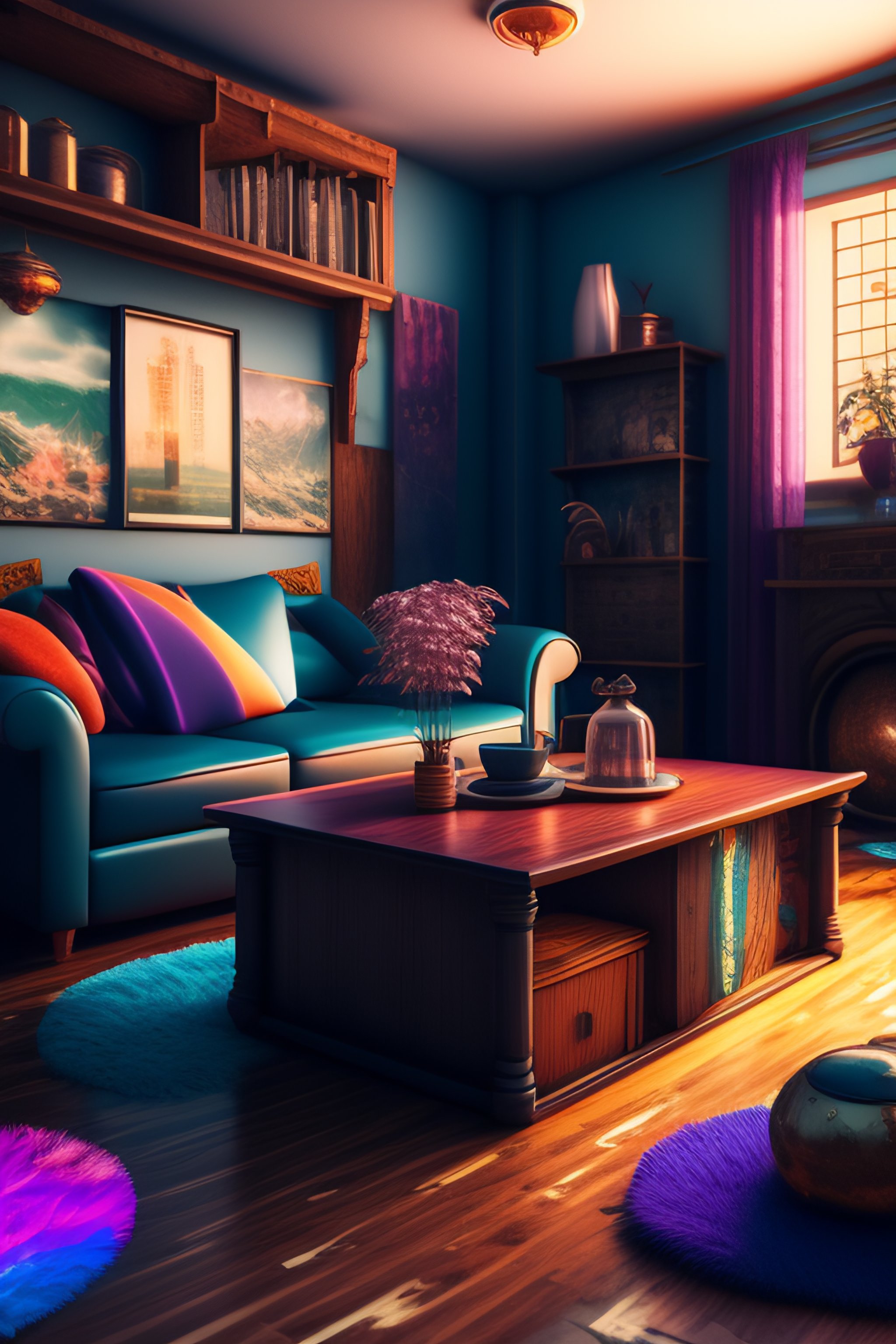 Lexica - Highly detailed interior shot of a messy vintage living room ...