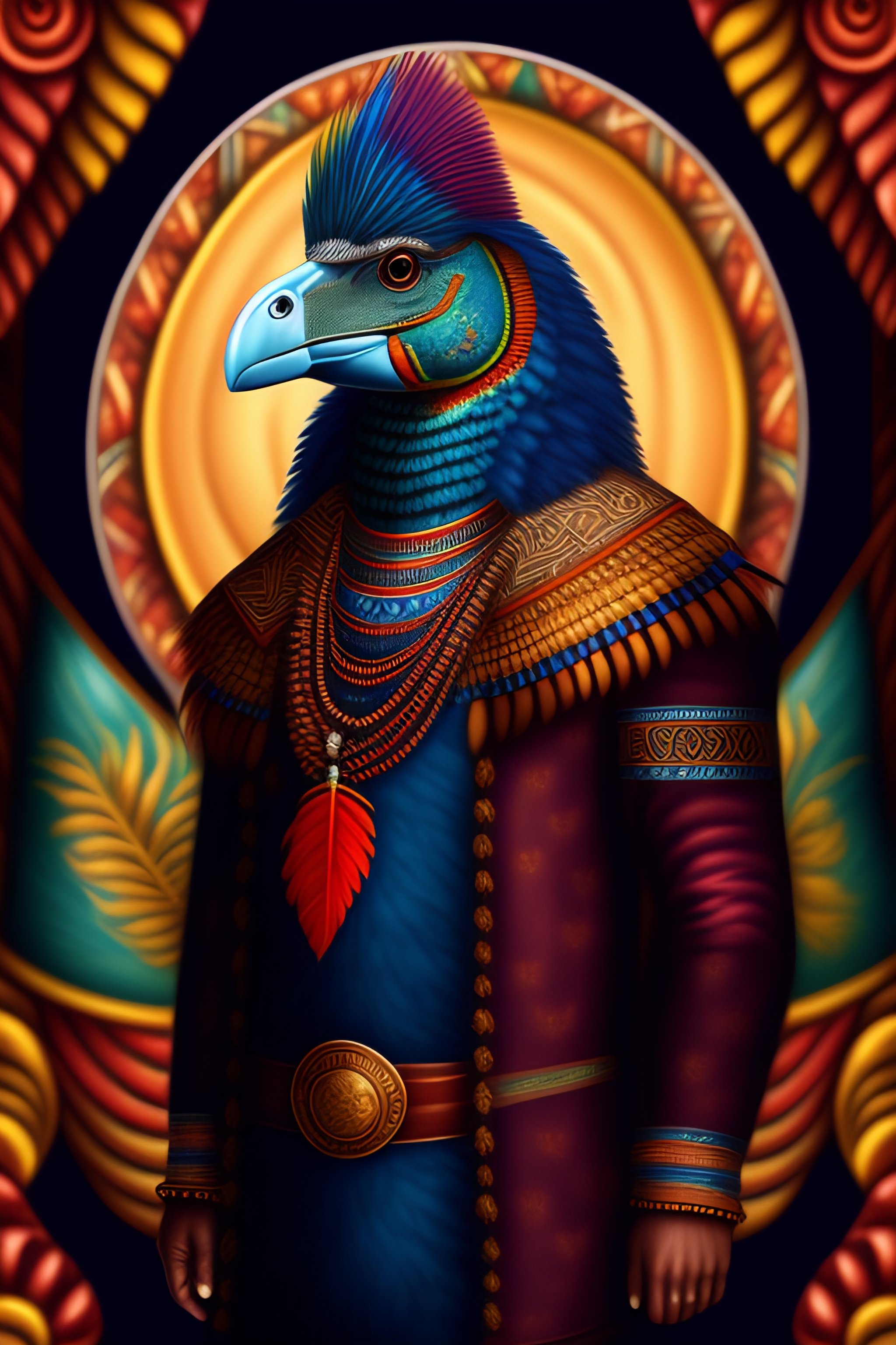 Lexica - Humanoid feathered dinosaur, aztec clothes, wineglass, digital art