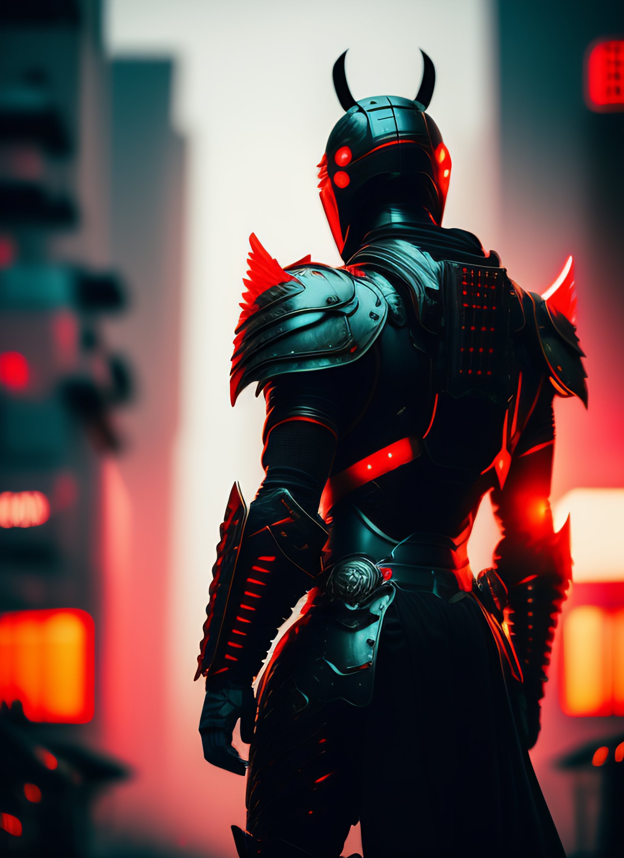 Lexica - Futuristic samurai, humanoid, iron suit, bue and red neon ...