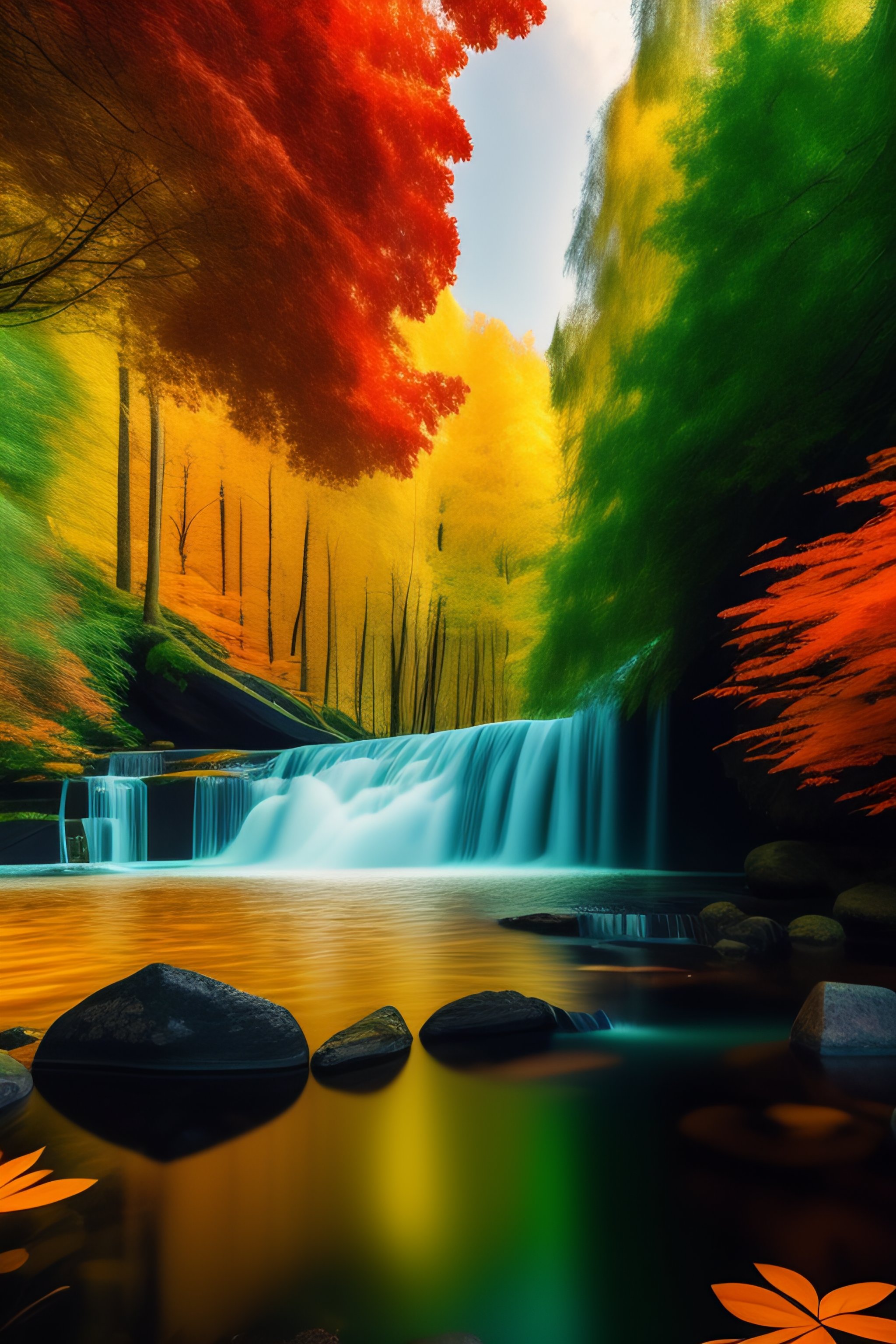 Lexica - Tree with orange and green and yellow leaf , under water fall ...