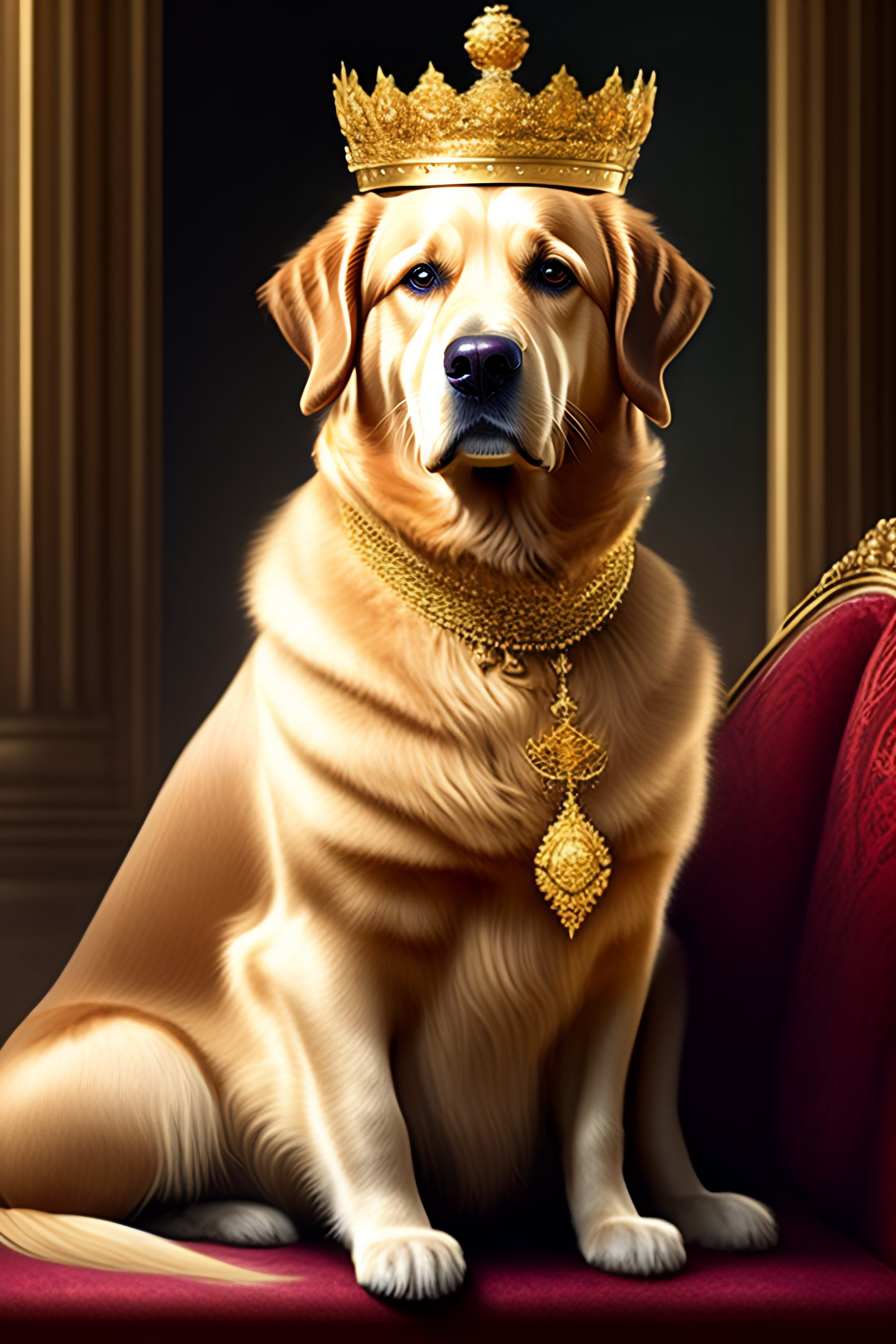 Lexica - A royal golden retriver sitting on a throne holding a royal ...