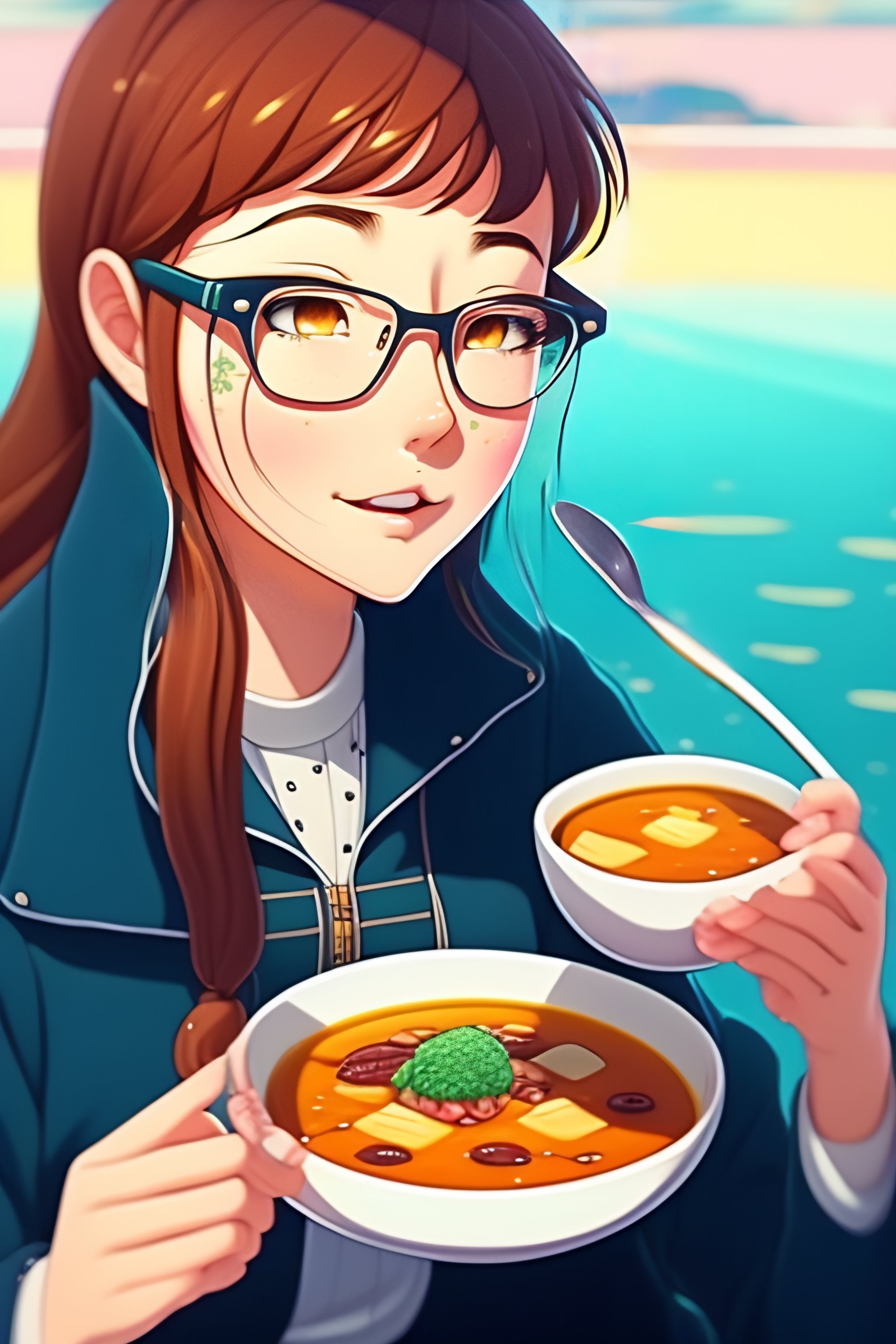 Lexica - Girl with glasses eating soup, ghibli, anime style,