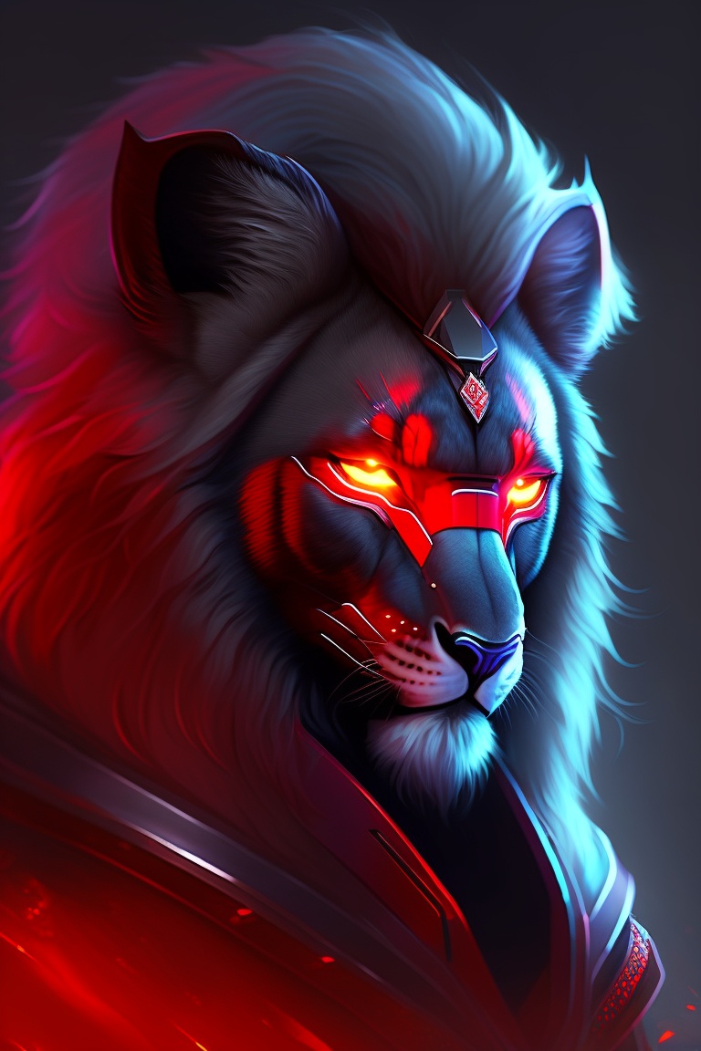 Lexica - Lion character, hood, cyber puk, red, dark, neon eyes, front ...