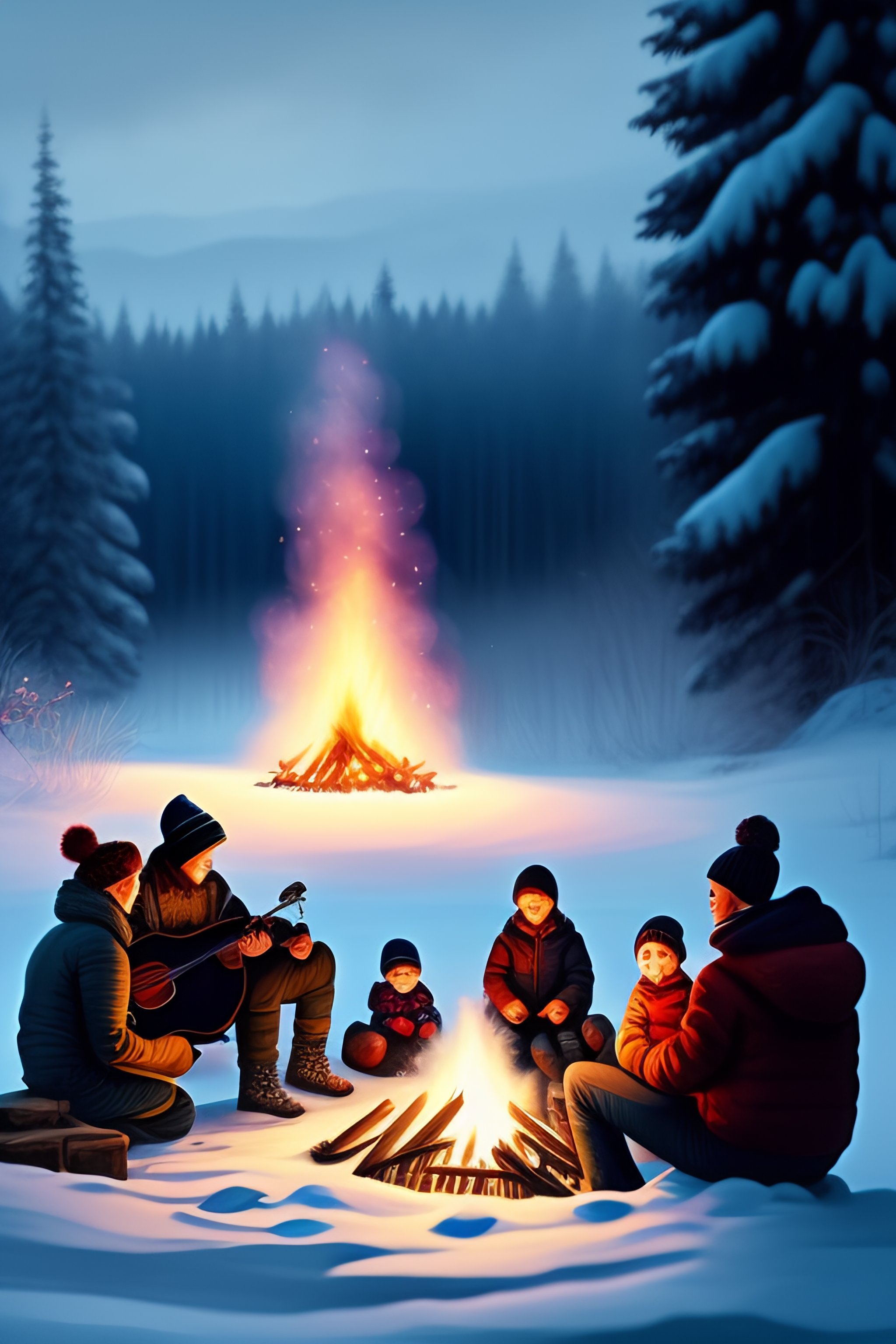 Lexica - Family sitting around a campfire in the snow, beautiful ...