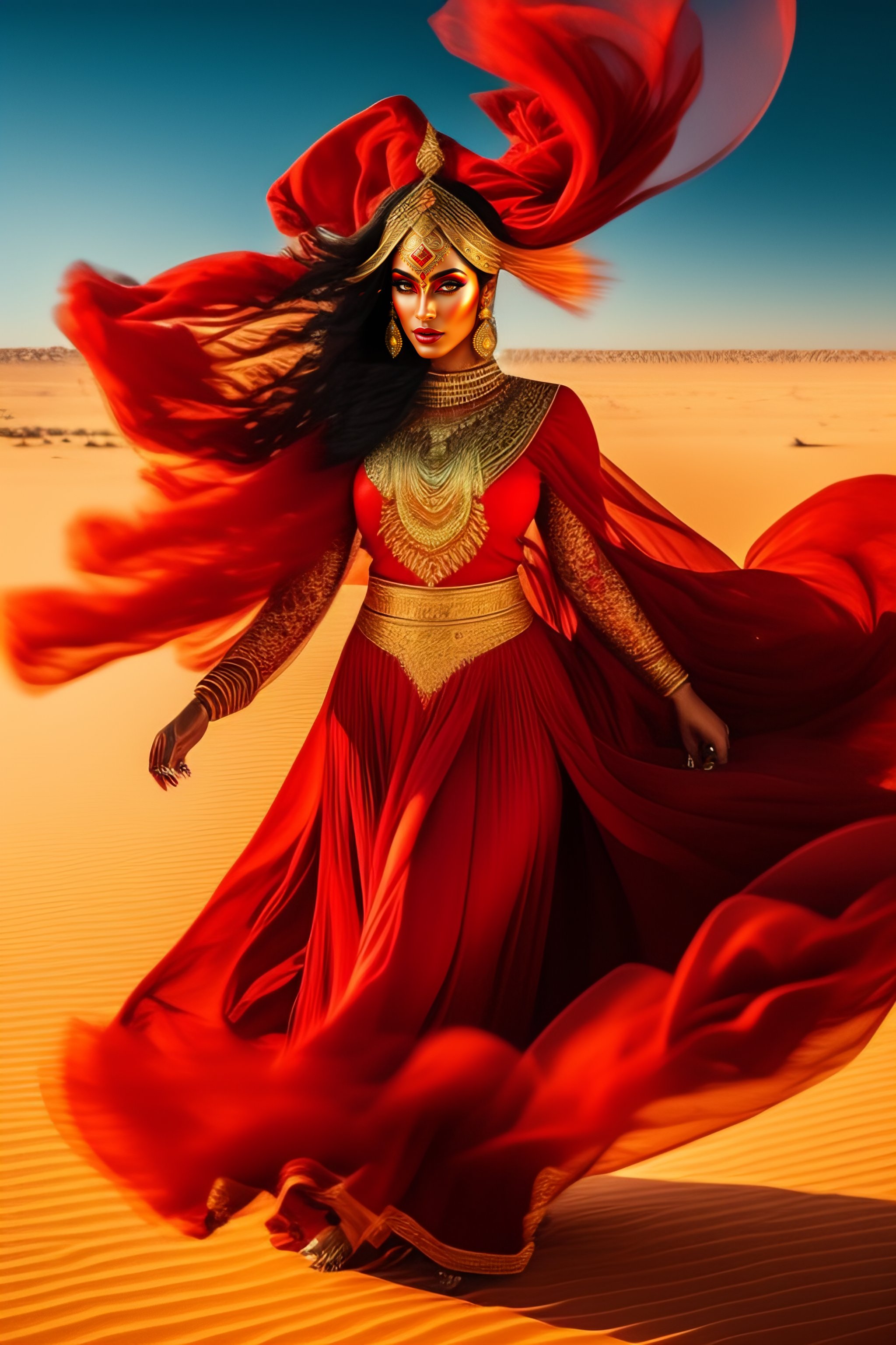 Lexica - Beautiful arabian woman wearing red and gold dress and black ...