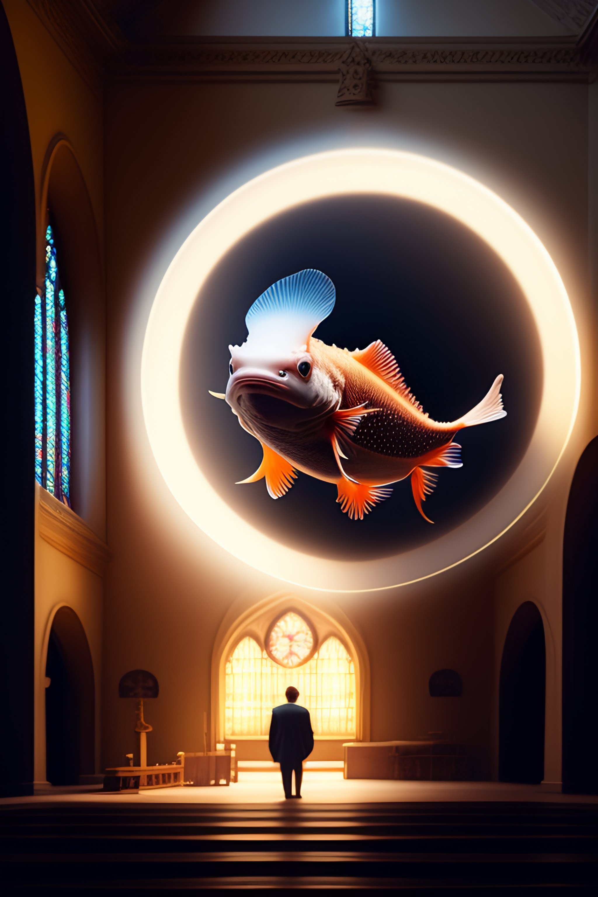 Lexica - A god axolotl flying inside a church with an halo around his head