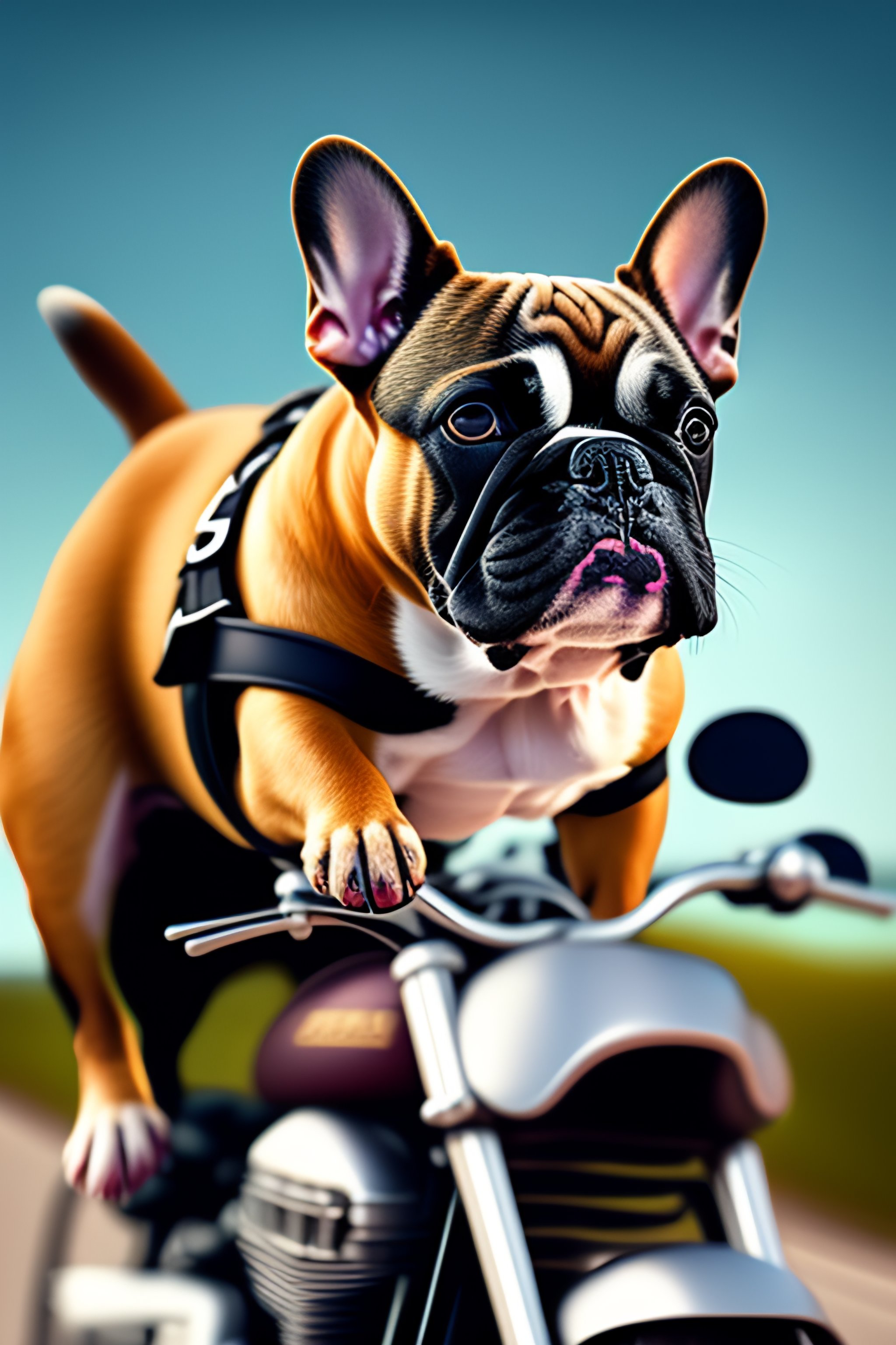 Lexica - A french bulldog riding a motorbike