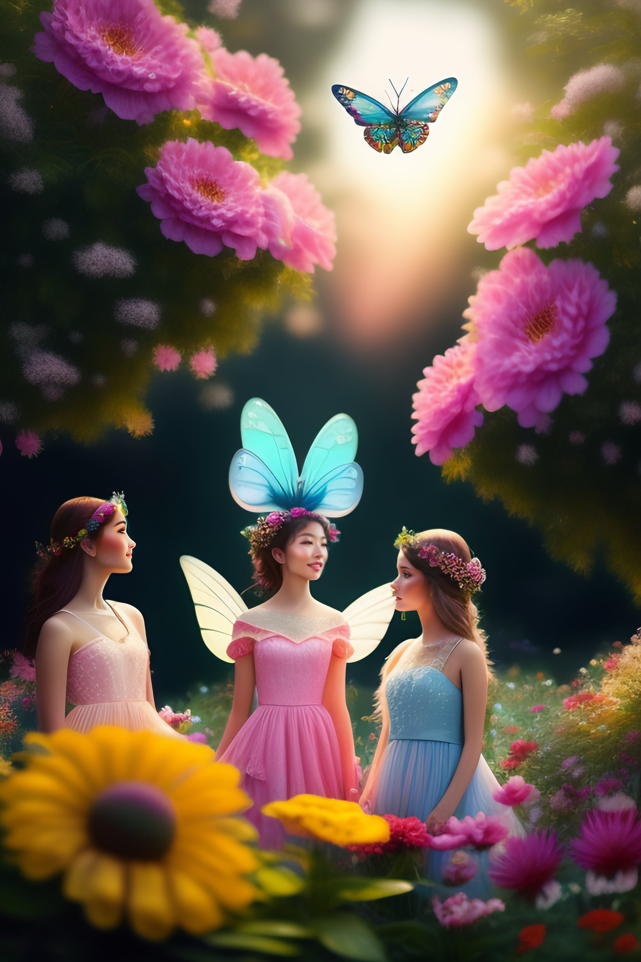 Lexica - Group of fairies flitting about among the flowers