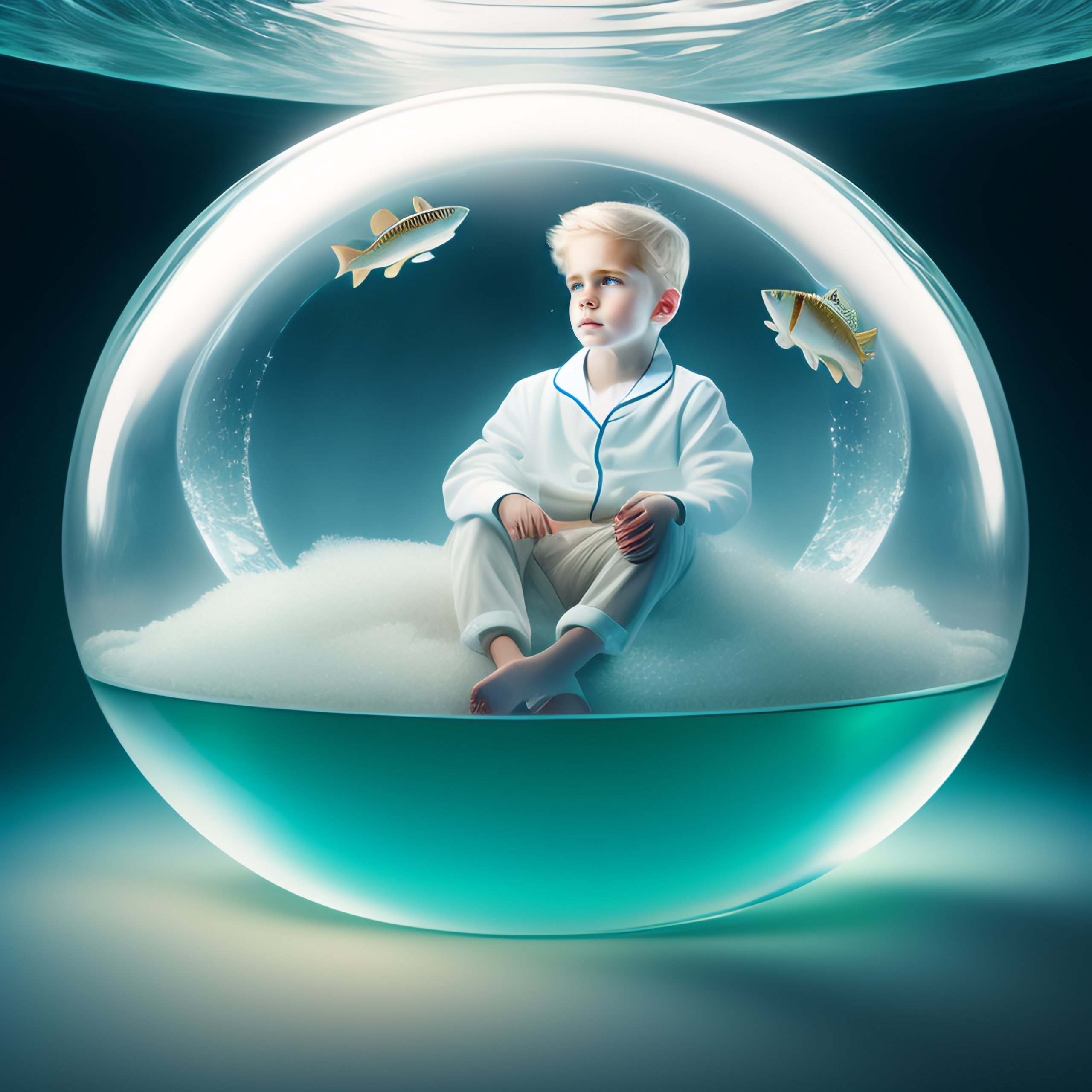 Lexica - A pale blonde boy in white pijamas floating inside a giant ...