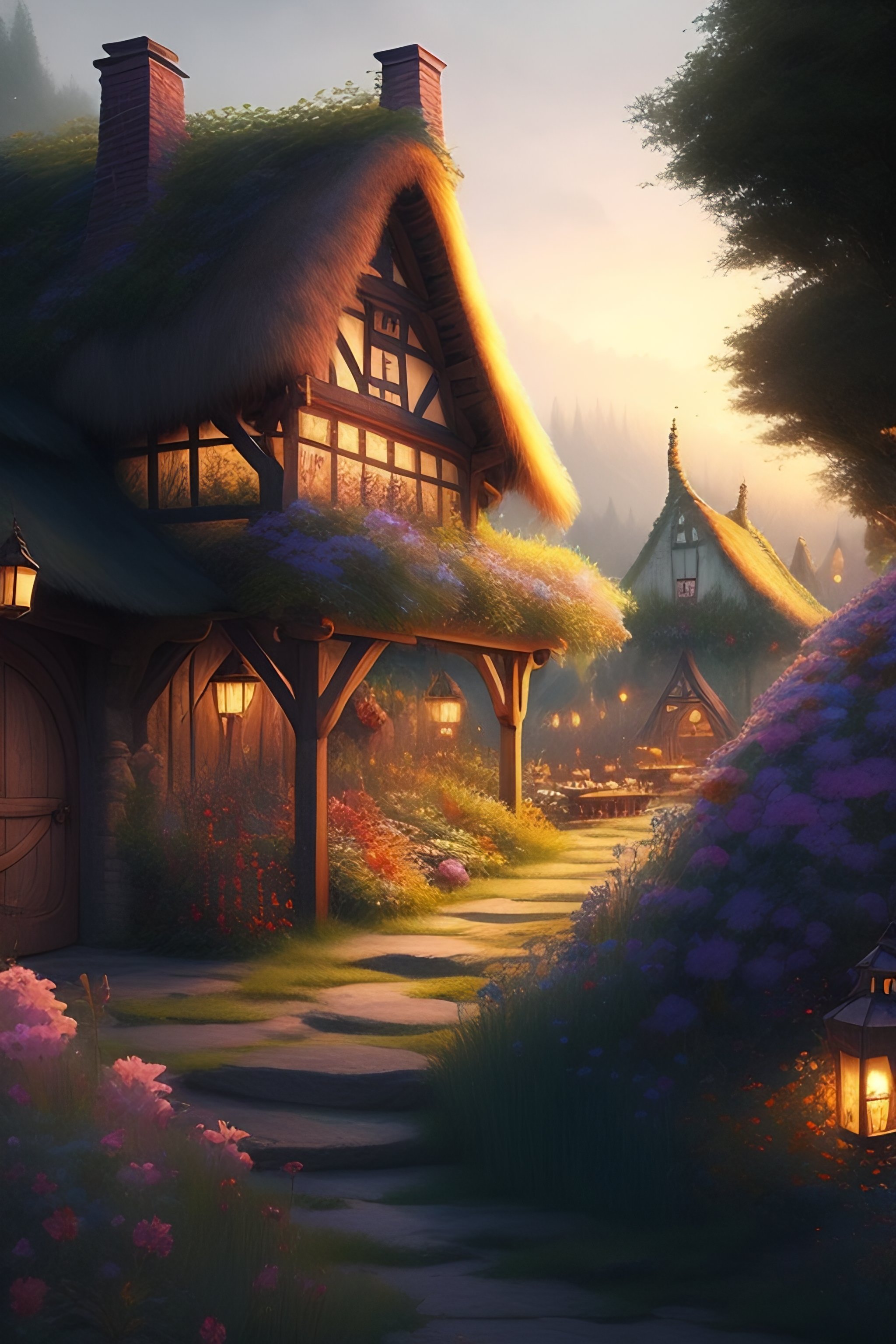 Lexica - Hobbit village, market, flowers, trees, crowded, peaceful ...