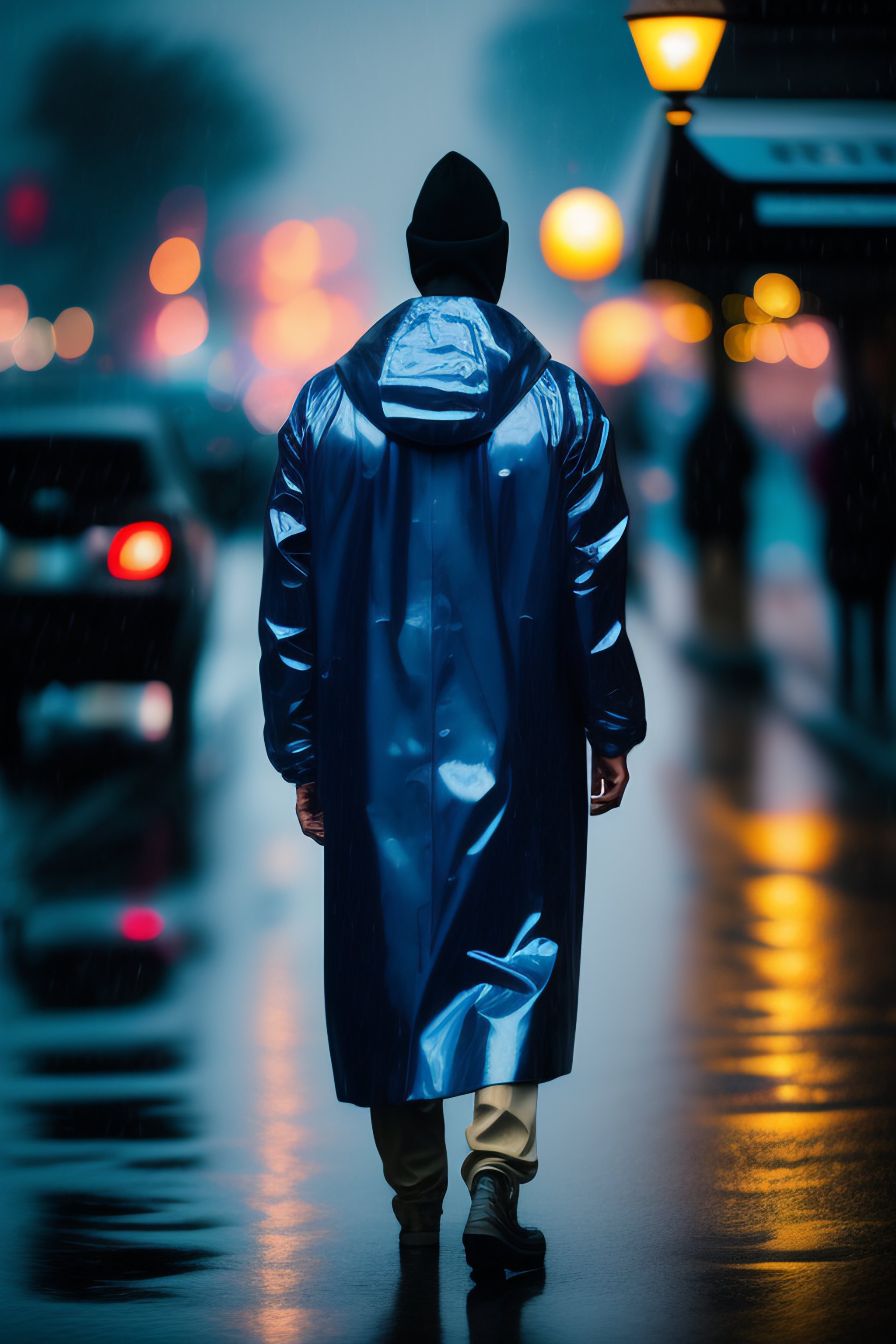 Lexica - Portrait of a man in a raincoat at night and in rainy weather ...