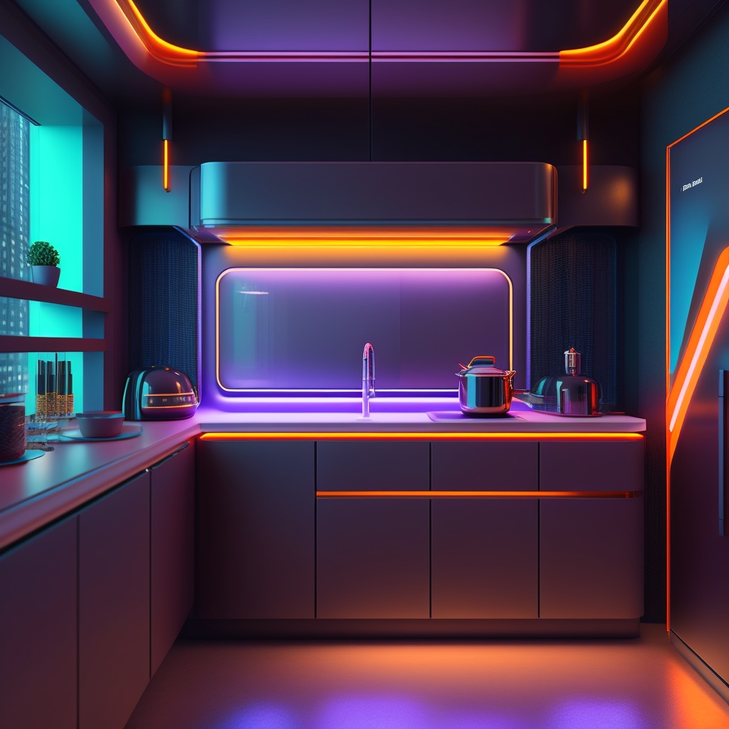 Lexica - Minimalistic cyberpunk kitchen, interior, neon, glow, zaha ...