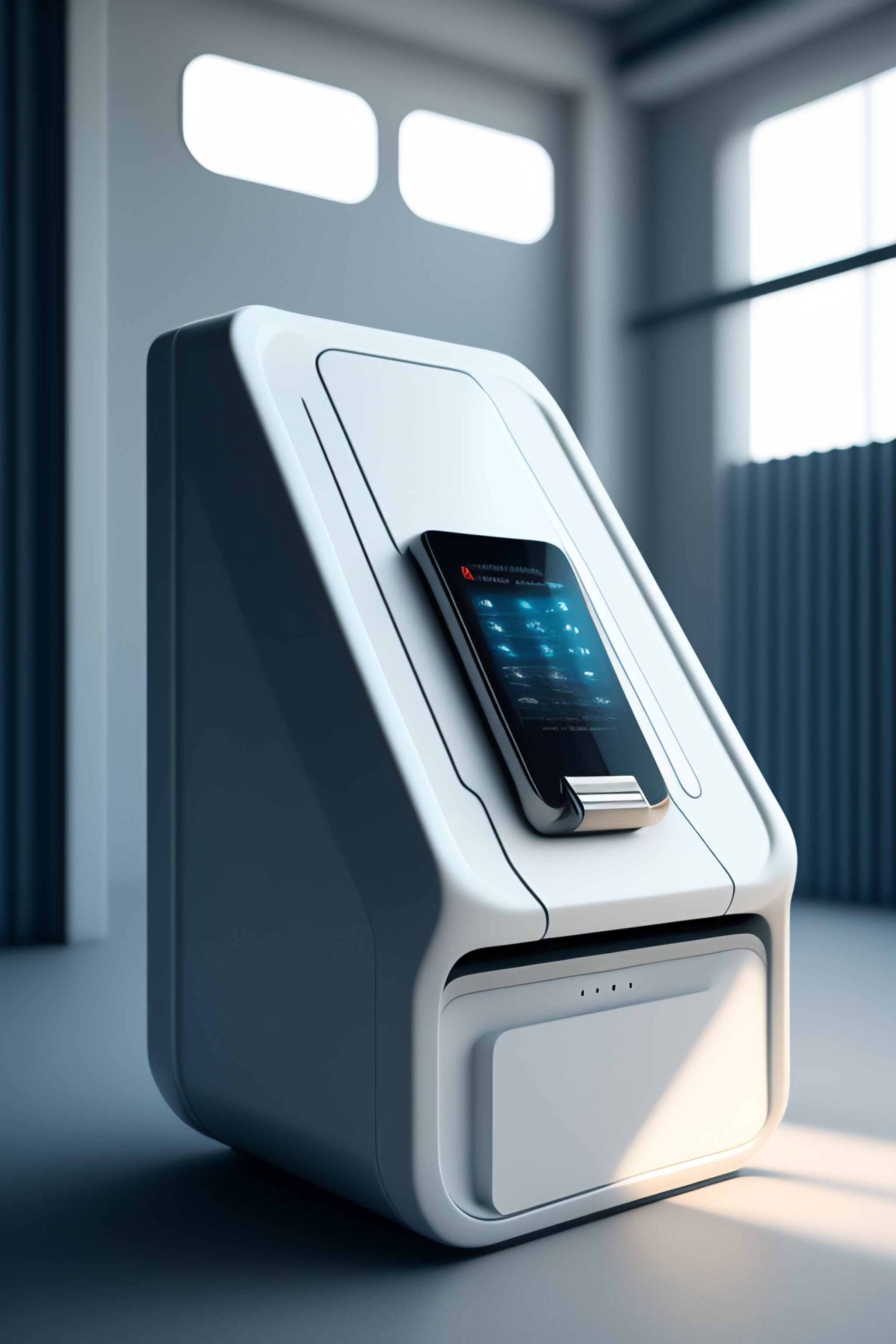 Lexica - Futuristic device in a white studio. Minimal color palete