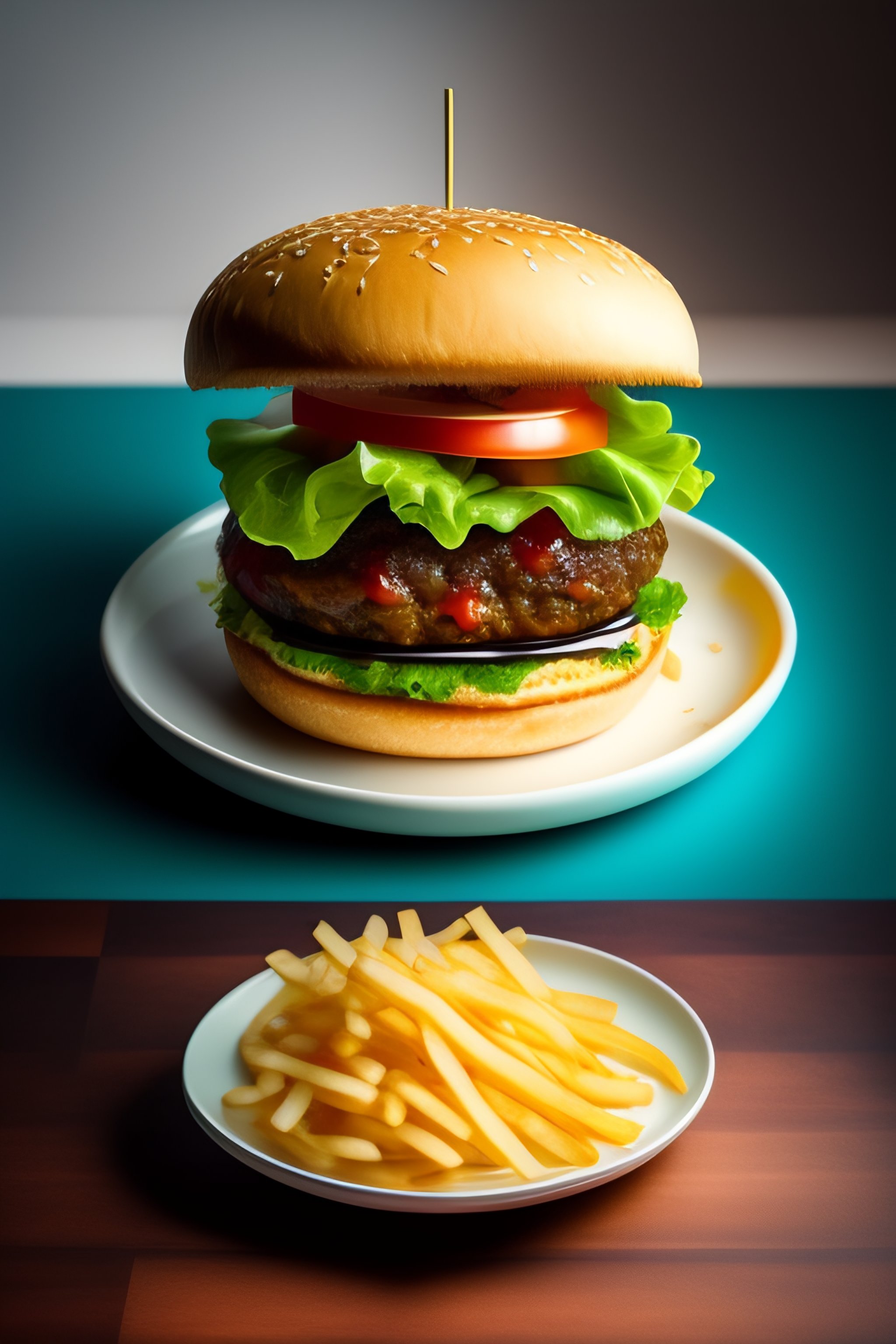 Lexica - Really small hamburger with two fries on a really big plate
