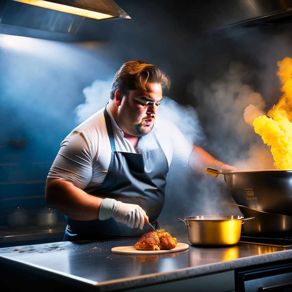 Lexica - Greasy, unhygienic chef in messy kitchen cooking fried chicken ...