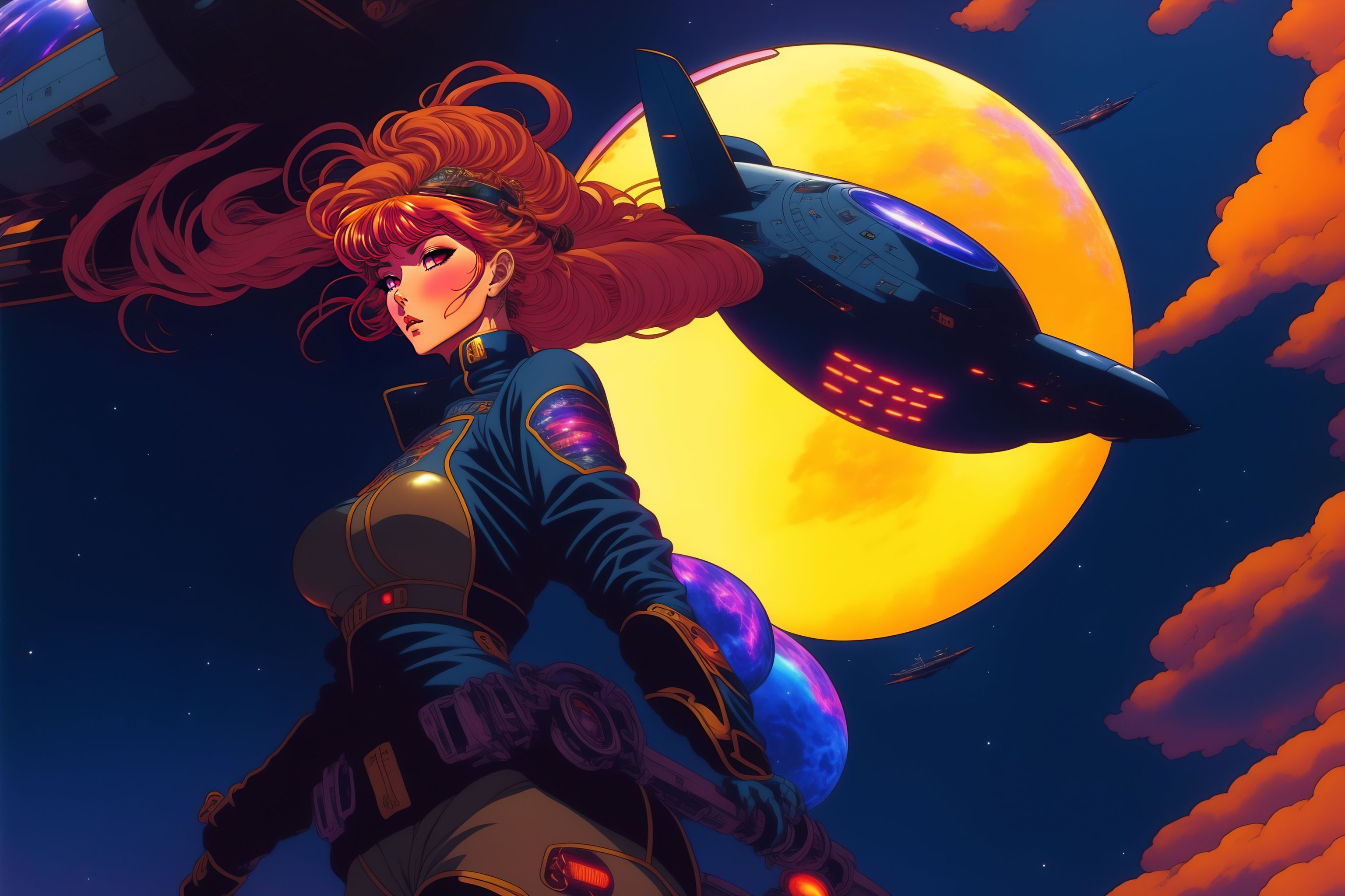 Lexica - Vintage 90's anime style. cluttered starship interior; captain ...