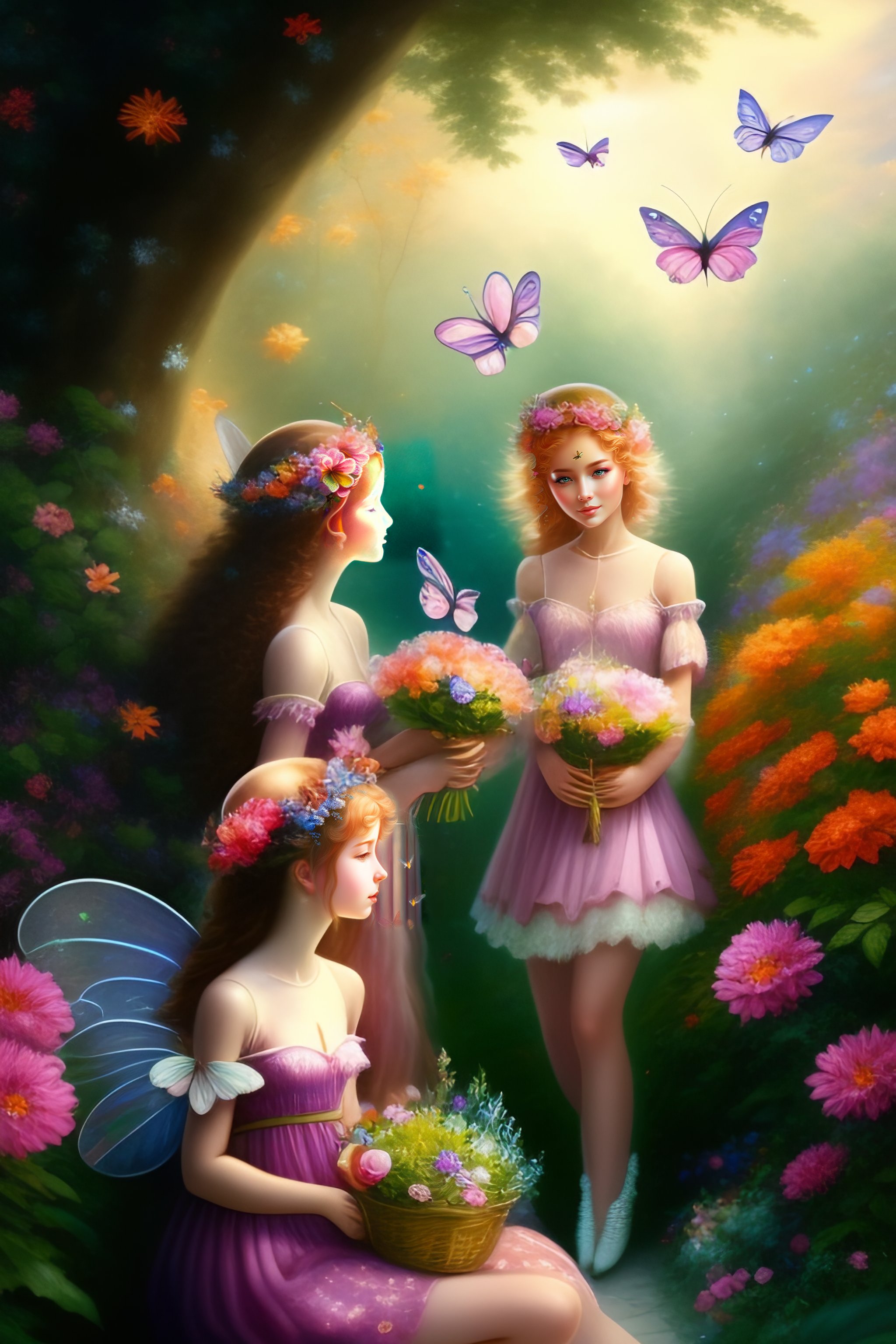 Lexica - Group of fairies flitting about among the flowers