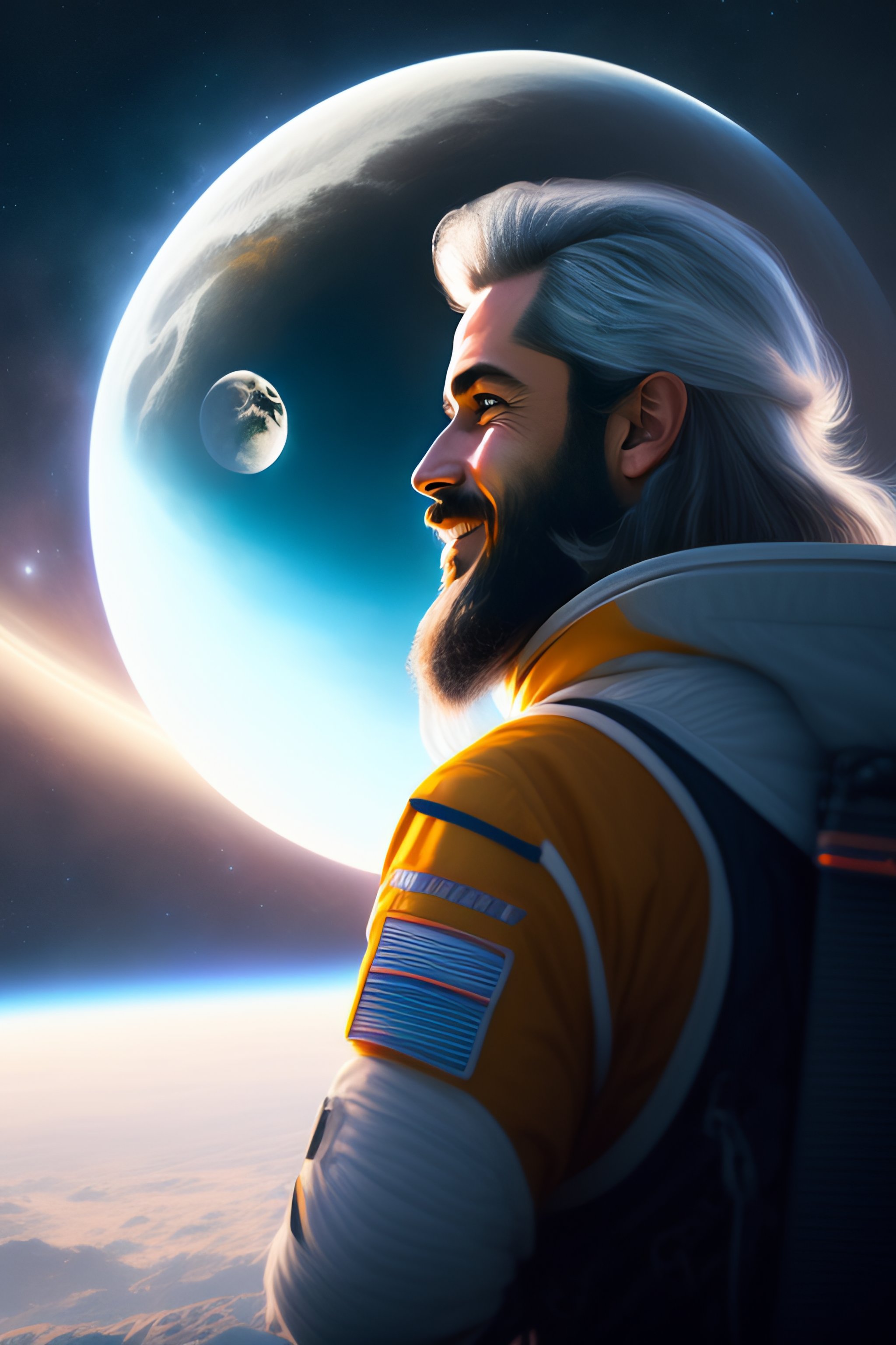 Lexica - Portrait of a smiling male gray long hair and beard astronaut ...