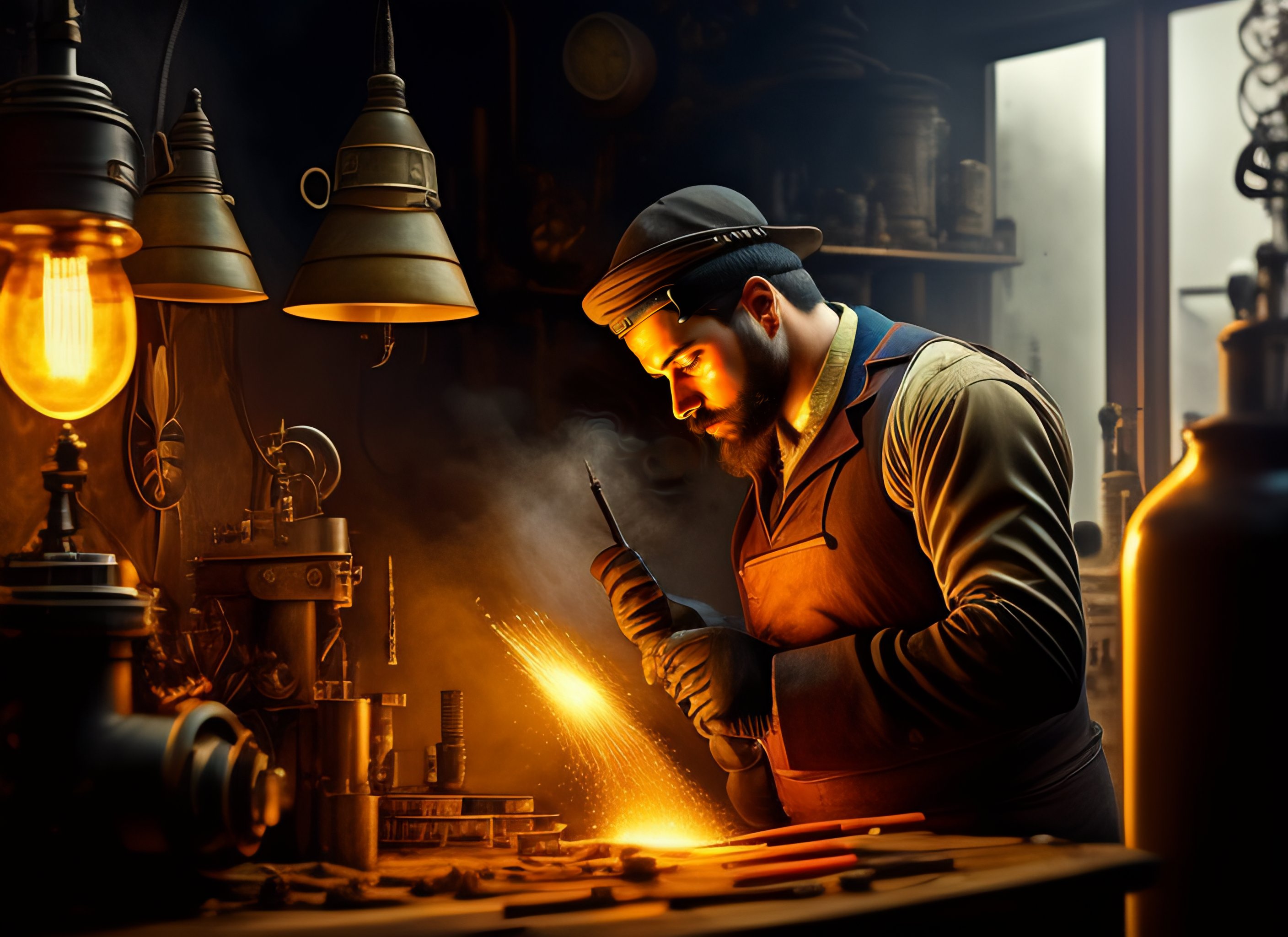 Lexica - Man working in steampunk workshop, detailed ink drawing