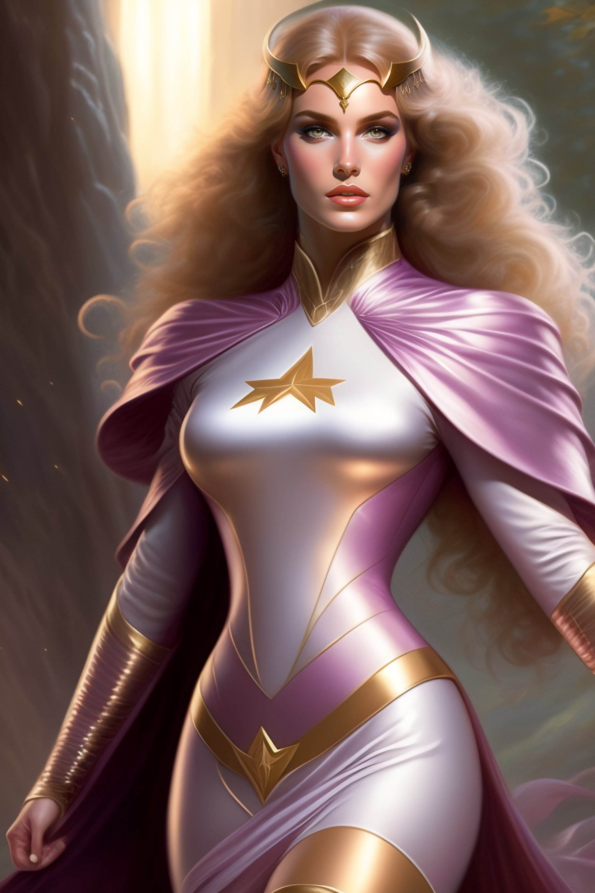 Lexica - Female superhero, pale muted pink costume, concept art by Edward Robert Hughes