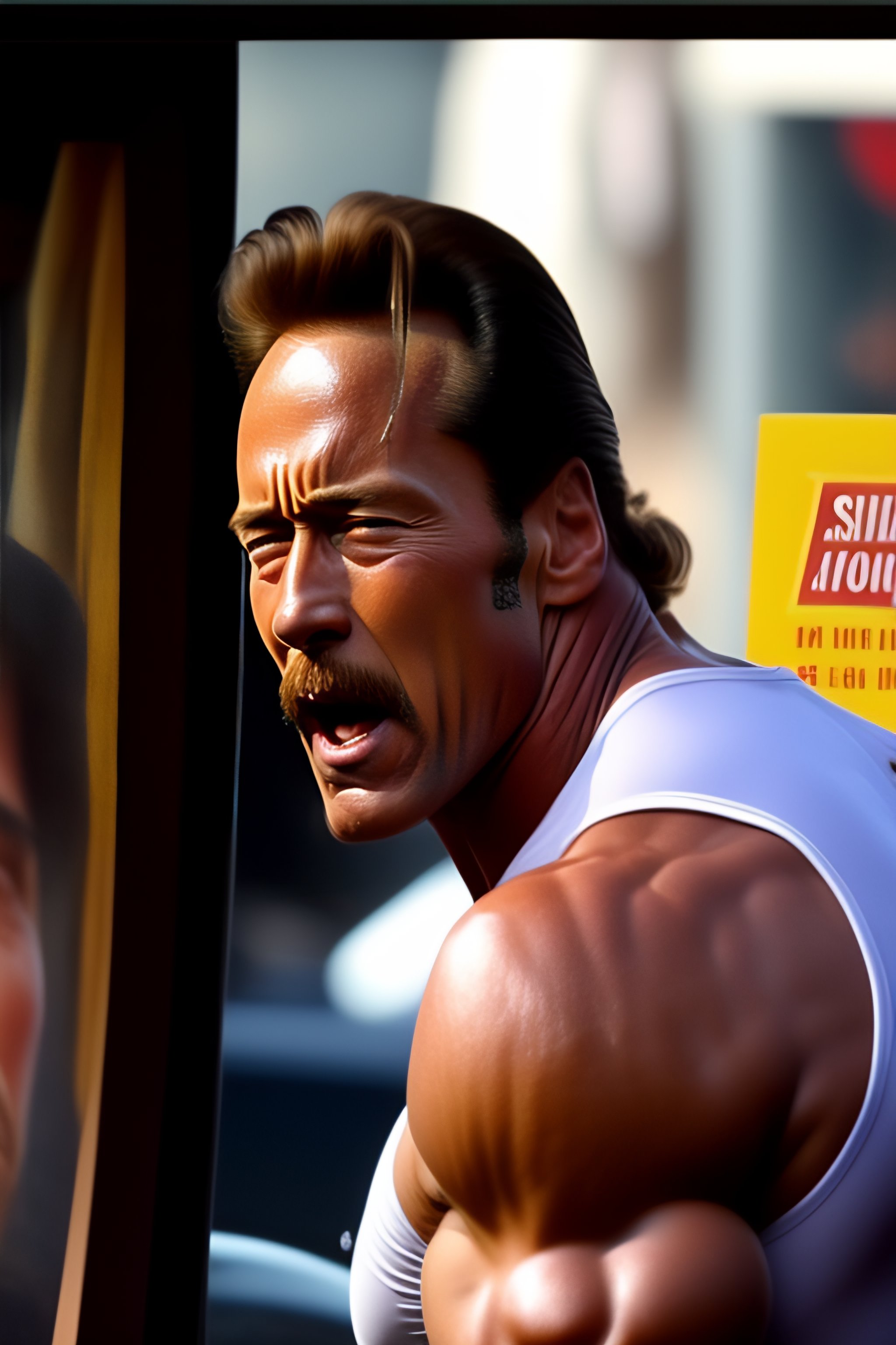 Lexica - Arnold schwartzenegger crying in front of a bagel shop in montreal