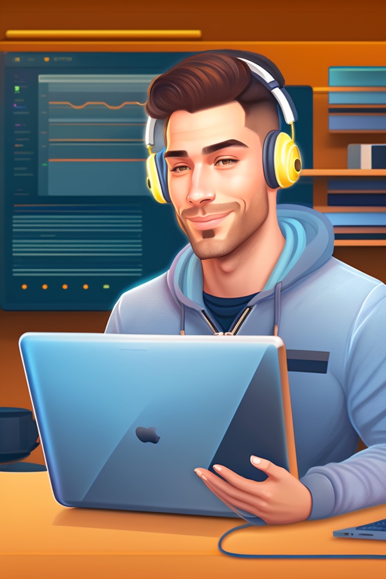 Lexica - Portrait of a coder sitting in front of his laptop with his bi ...