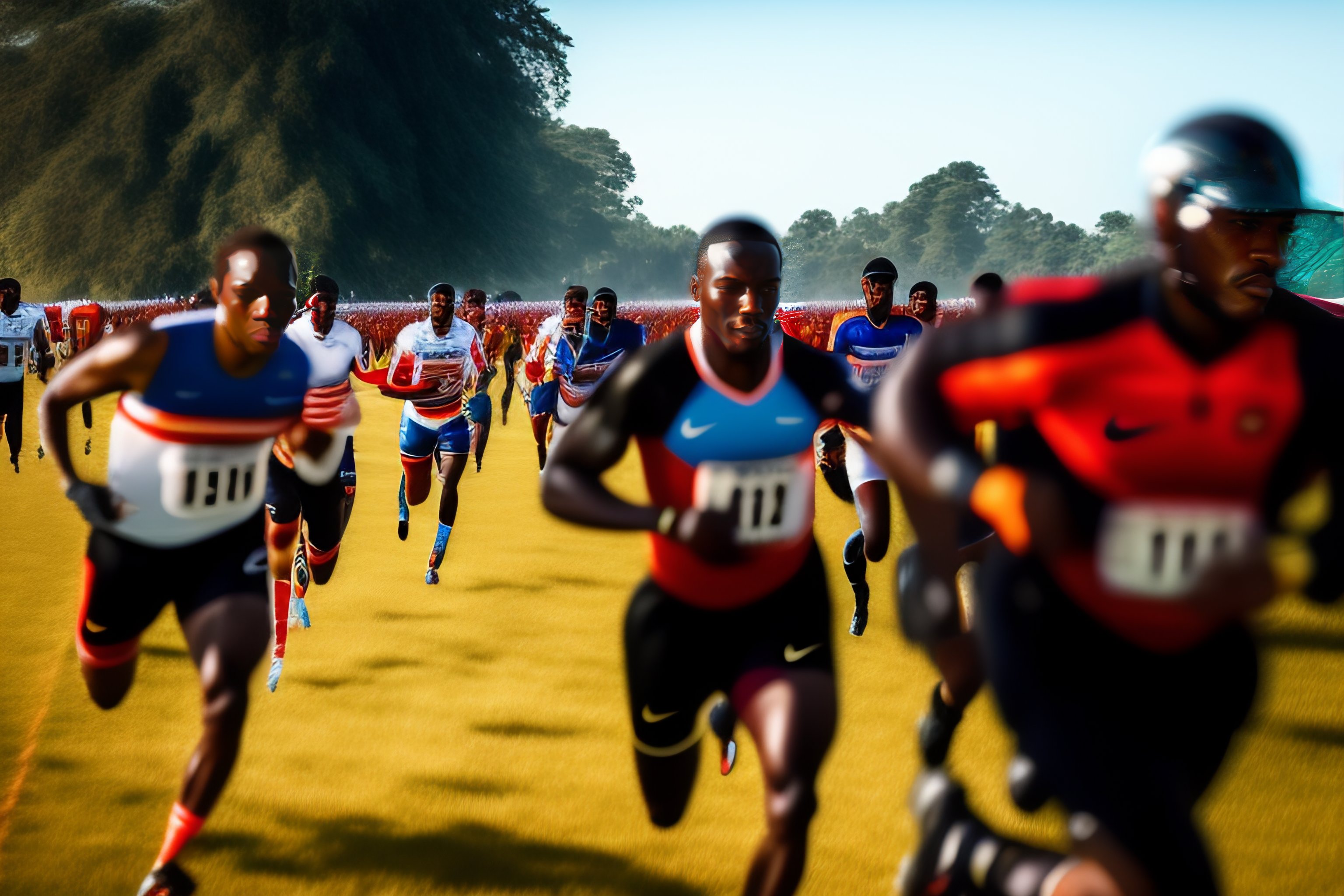 Lexica - A lot of men and women chasing, front view, grass ground, sun ...