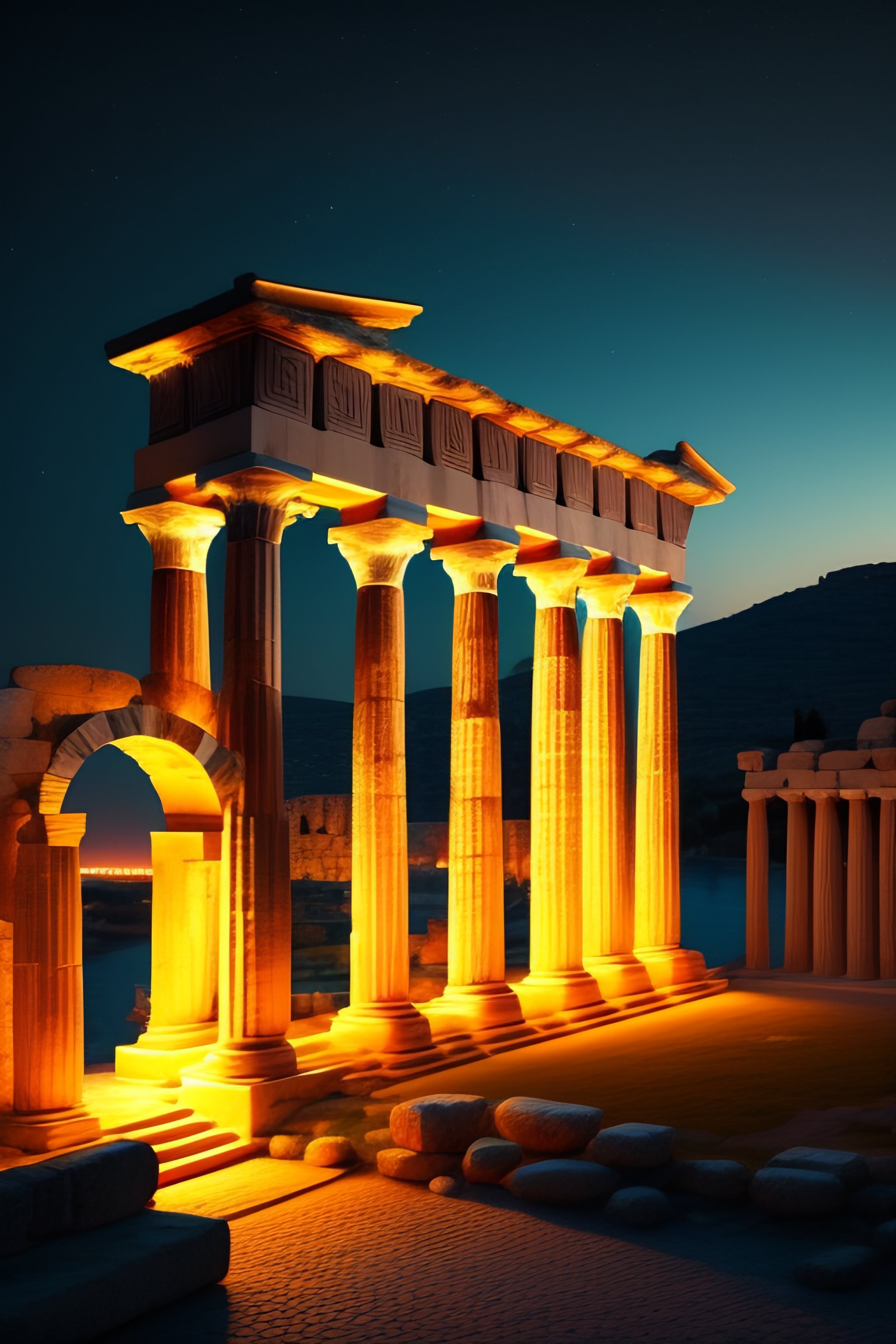 Lexica - Circular agora of ancient Greece at night with virtual portals ...