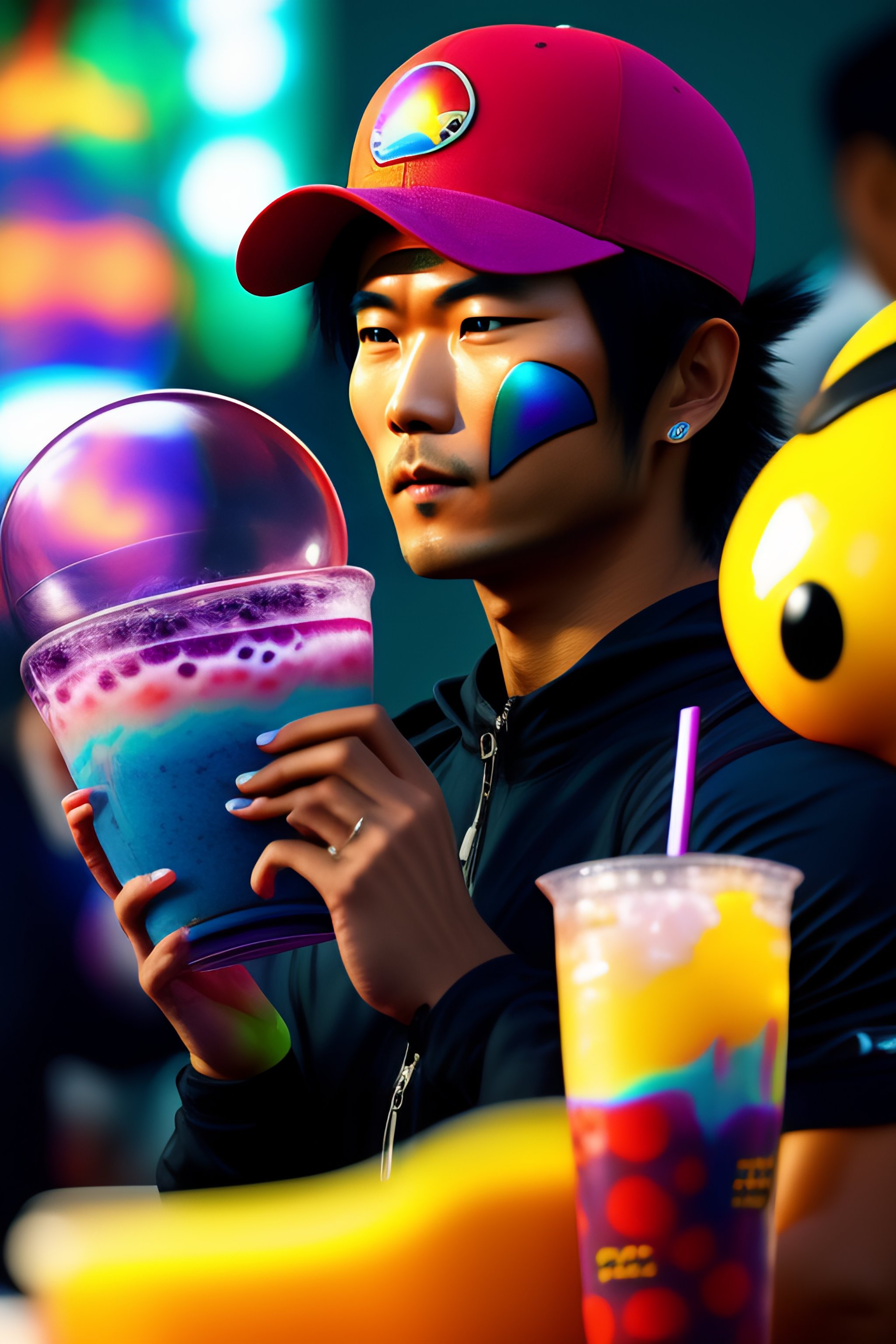Lexica - Ash Ketchum drinking bubble tea, out of a human skull, a giant ...