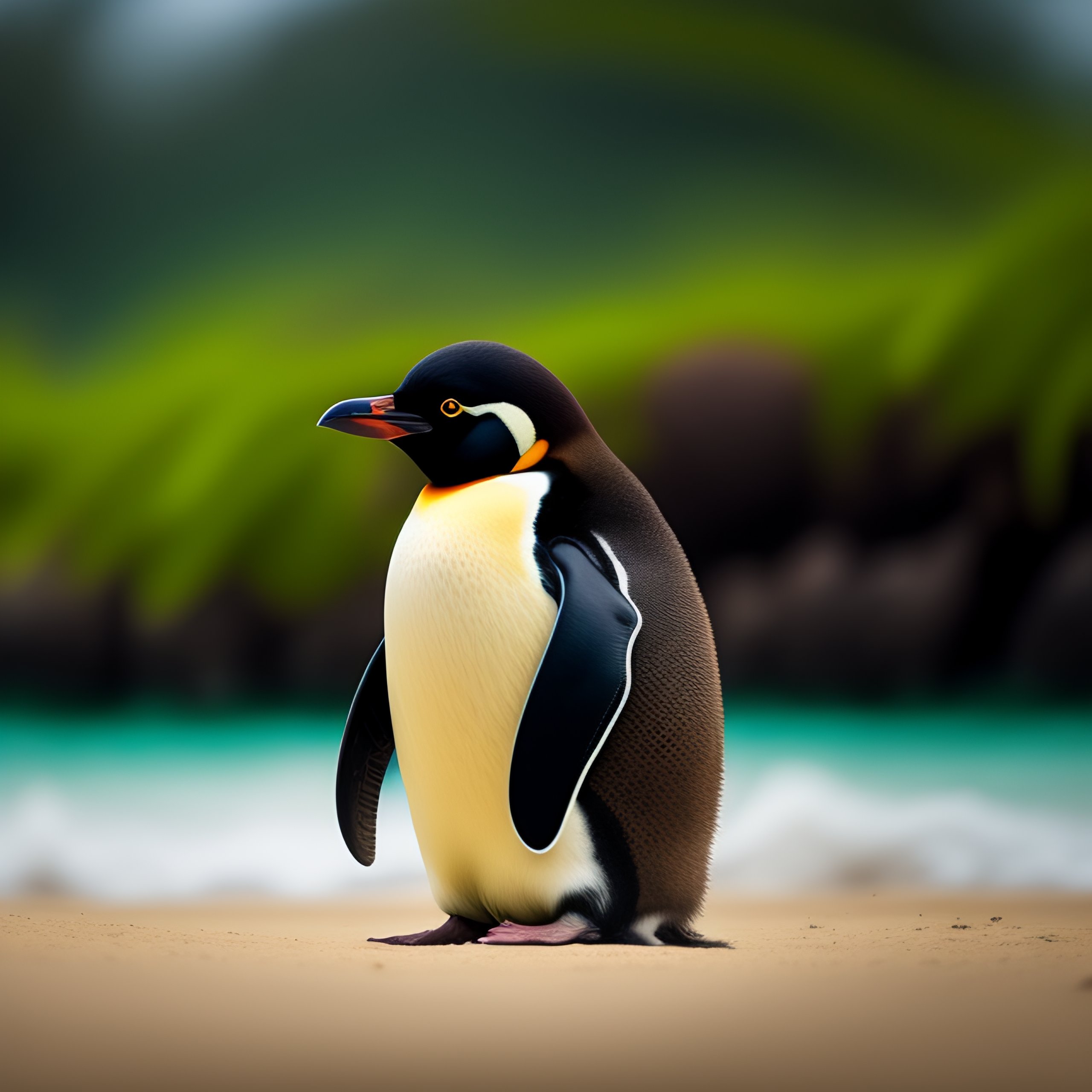 Lexica - Funny penguin on the jungle beach, professional photography ...