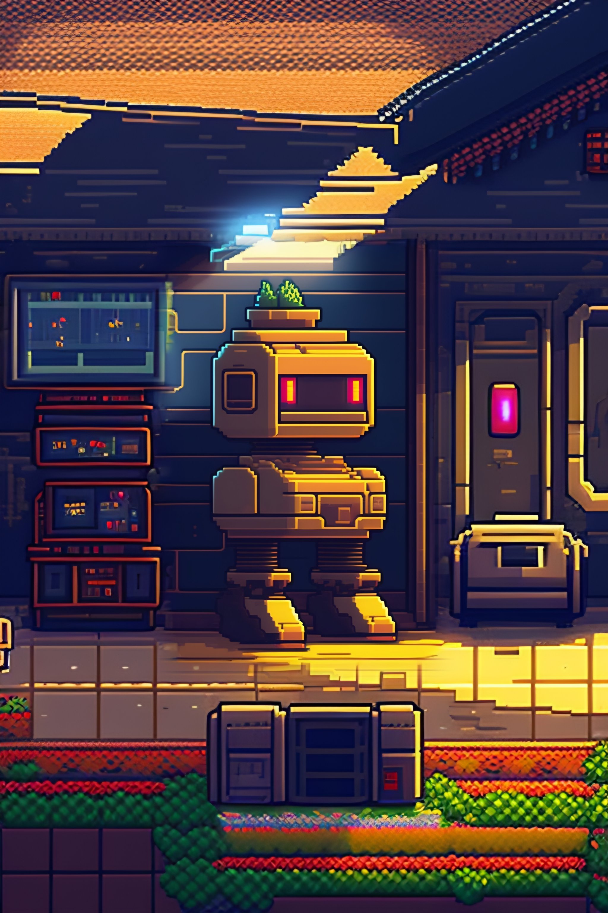 Lexica - 8-bit pixel art of robot, facing directly forward, cozy indoor ...