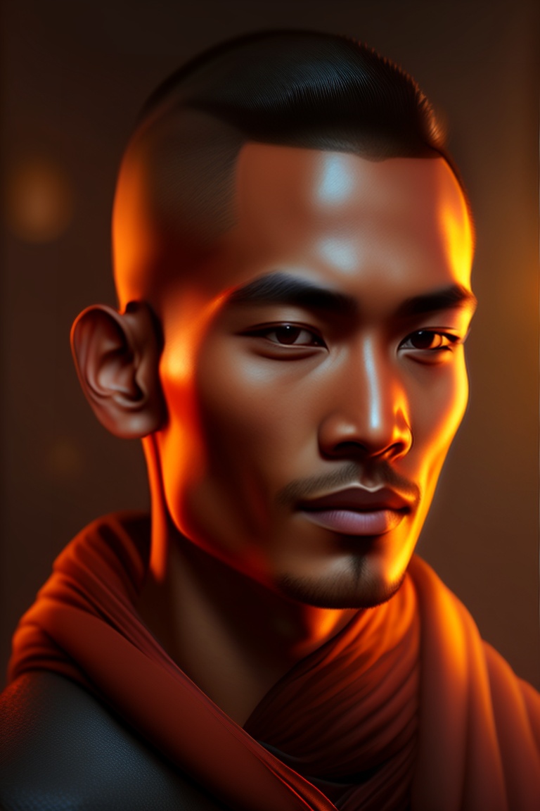 Lexica - 32yr old MONK looking at camera standing in dim light handsome ...