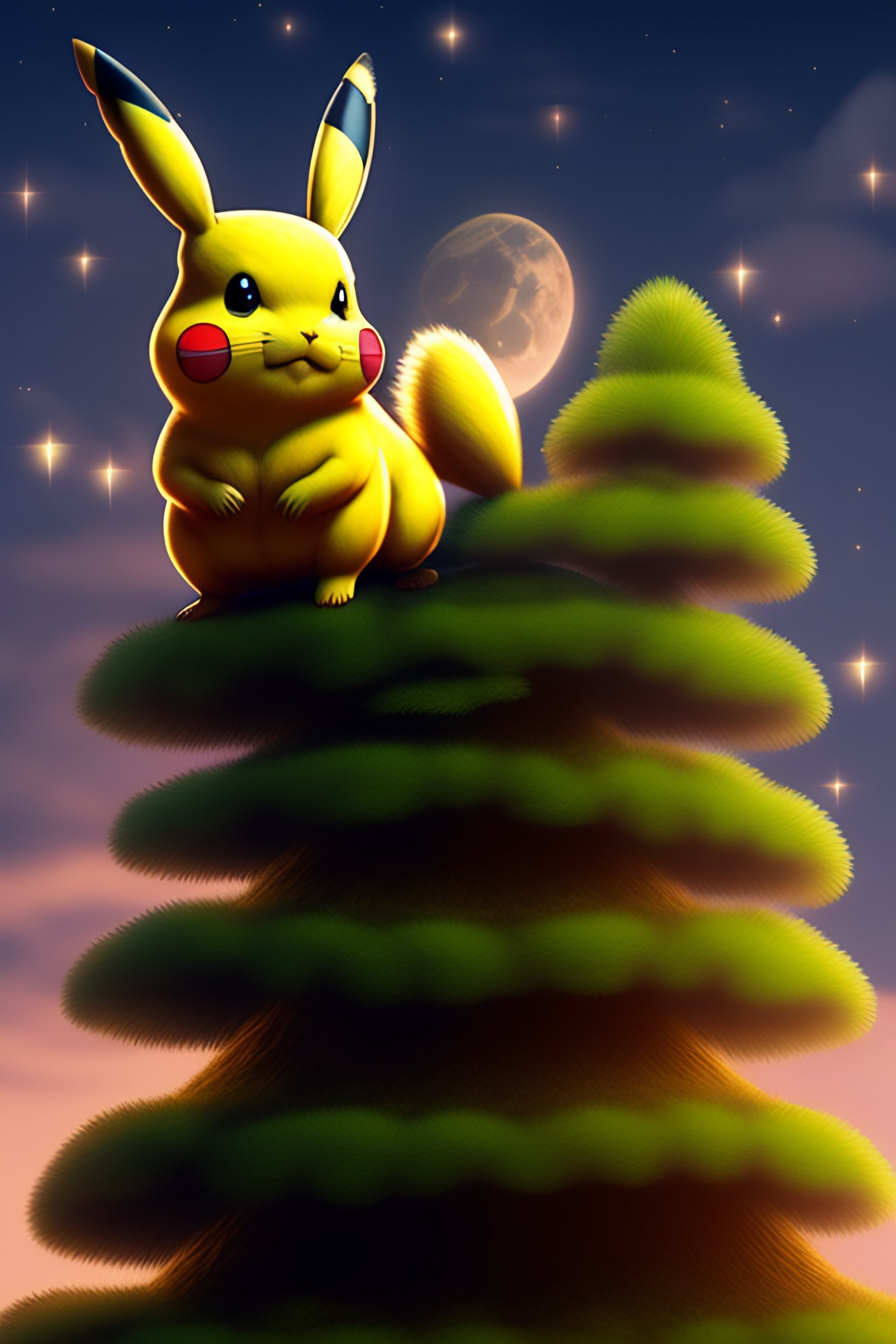 Lexica - Pikachu on top of a pine tree at night art realistic, smiling