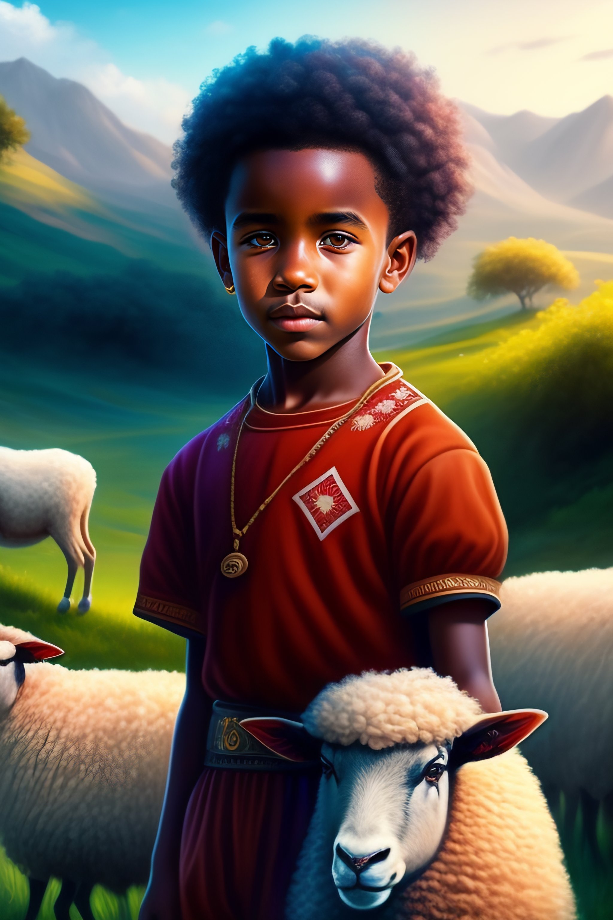 Lexica - Young Ethiopian muscular Shepard boy with a flok of sheep, grazing fields, summer camp ...