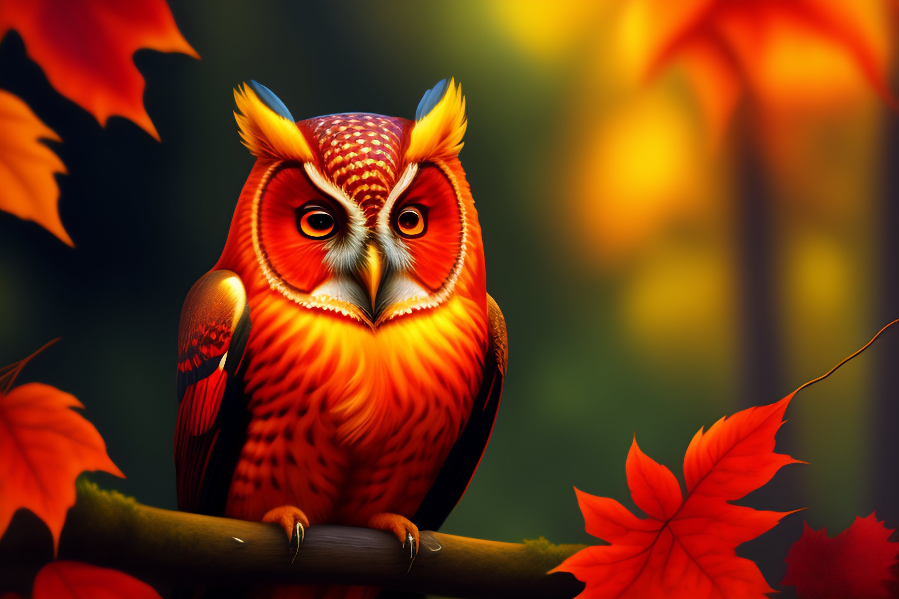 Lexica - Radiant red owl, glowing amber, autumn colours, highly ...