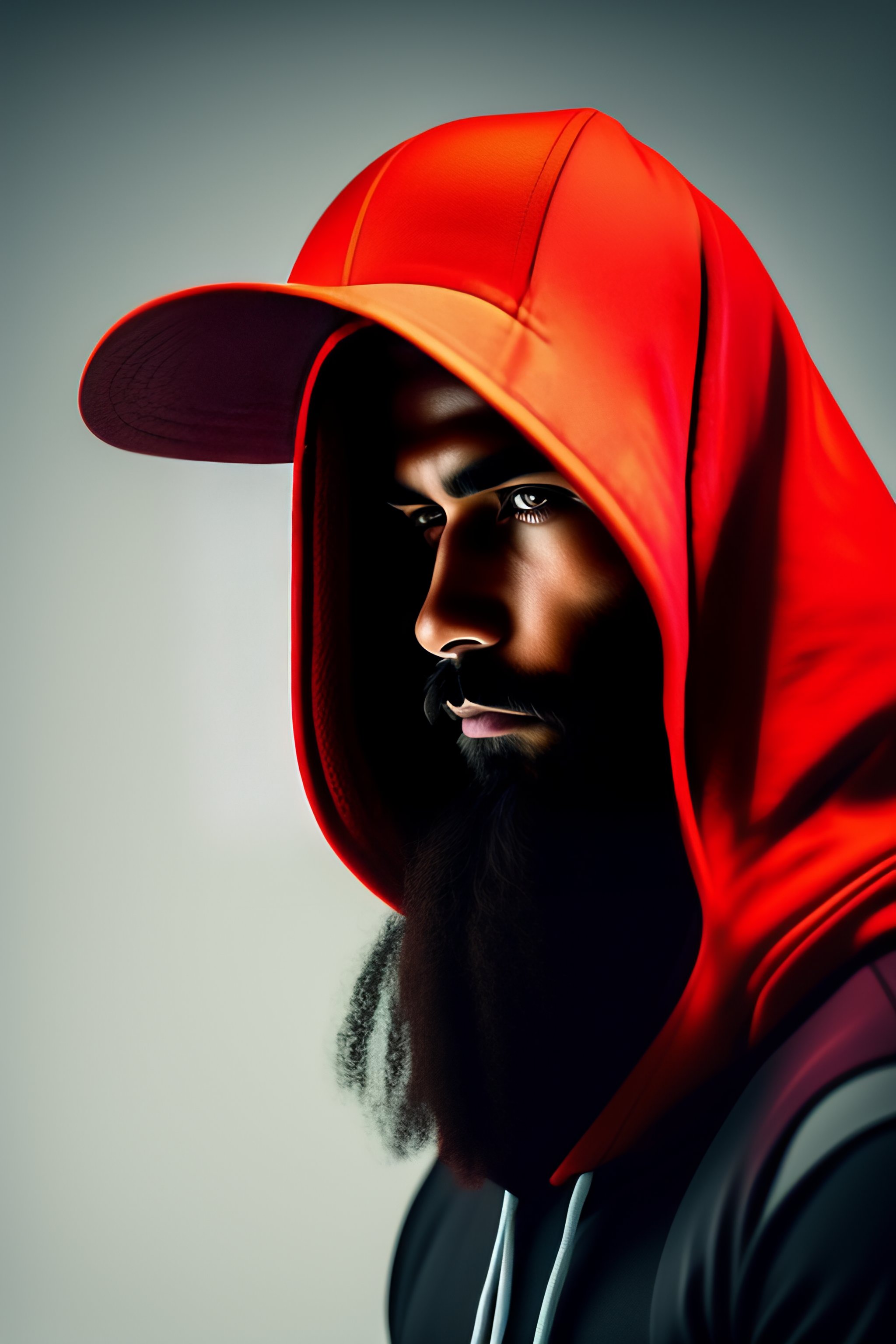 Lexica - Bearded man wearing hoodie and cap hiding half of his face